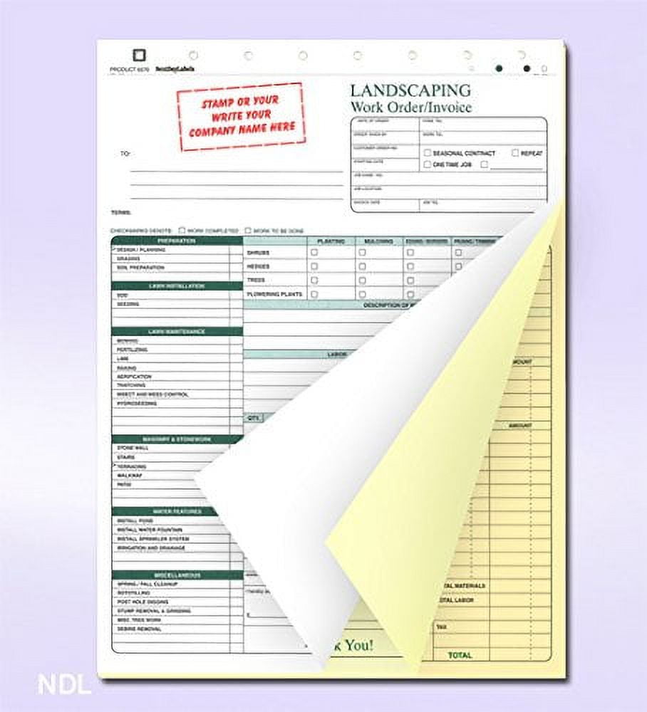 NextDayLabels - Landscaping Work Order Form/Invoice/Billing Sheets, 3 Part Carbonless (100 Sets ...