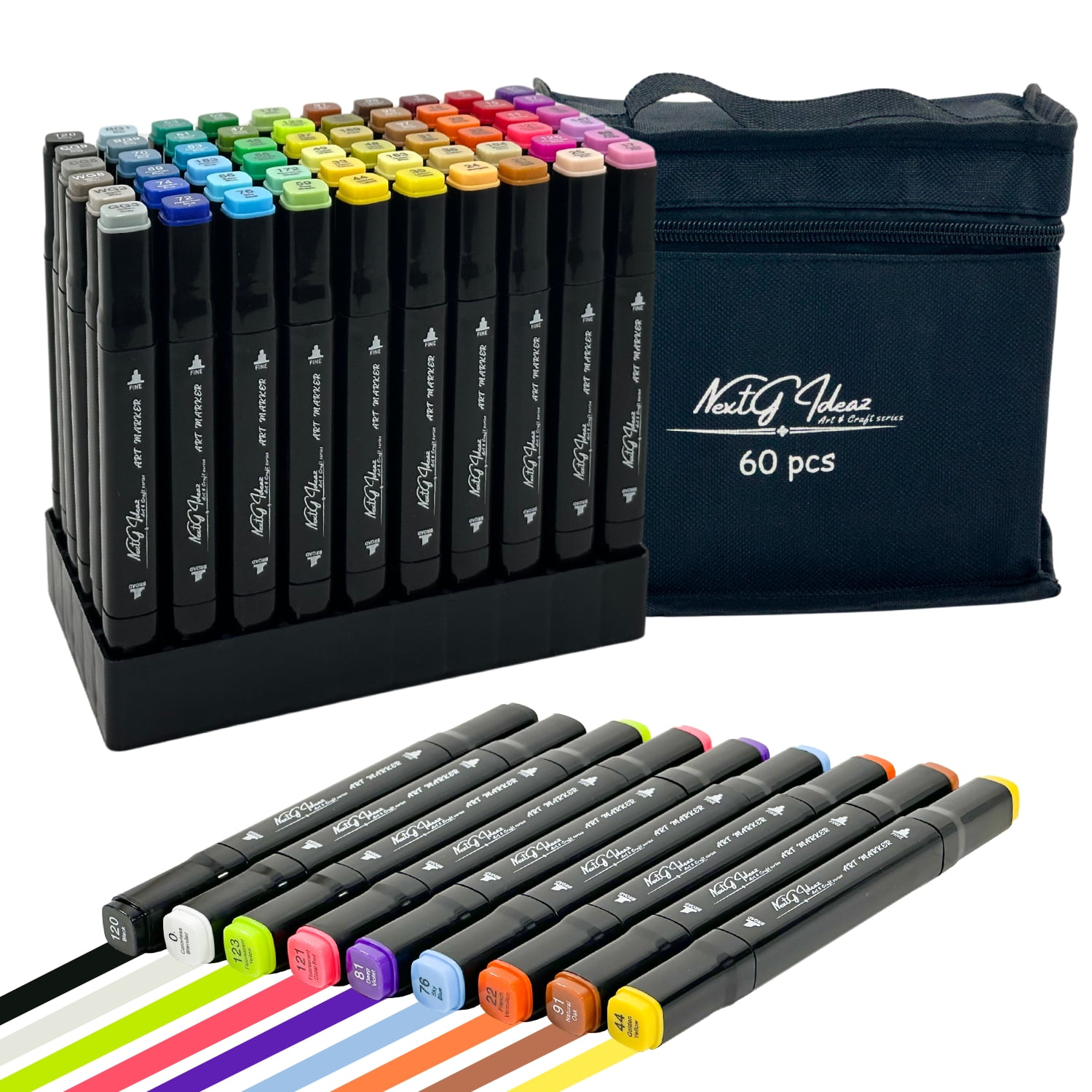NextG Ideaz Alcohol Markers Set - 60 Color Permanent Ink Art Markers, Fine & Broad Tips for ...
