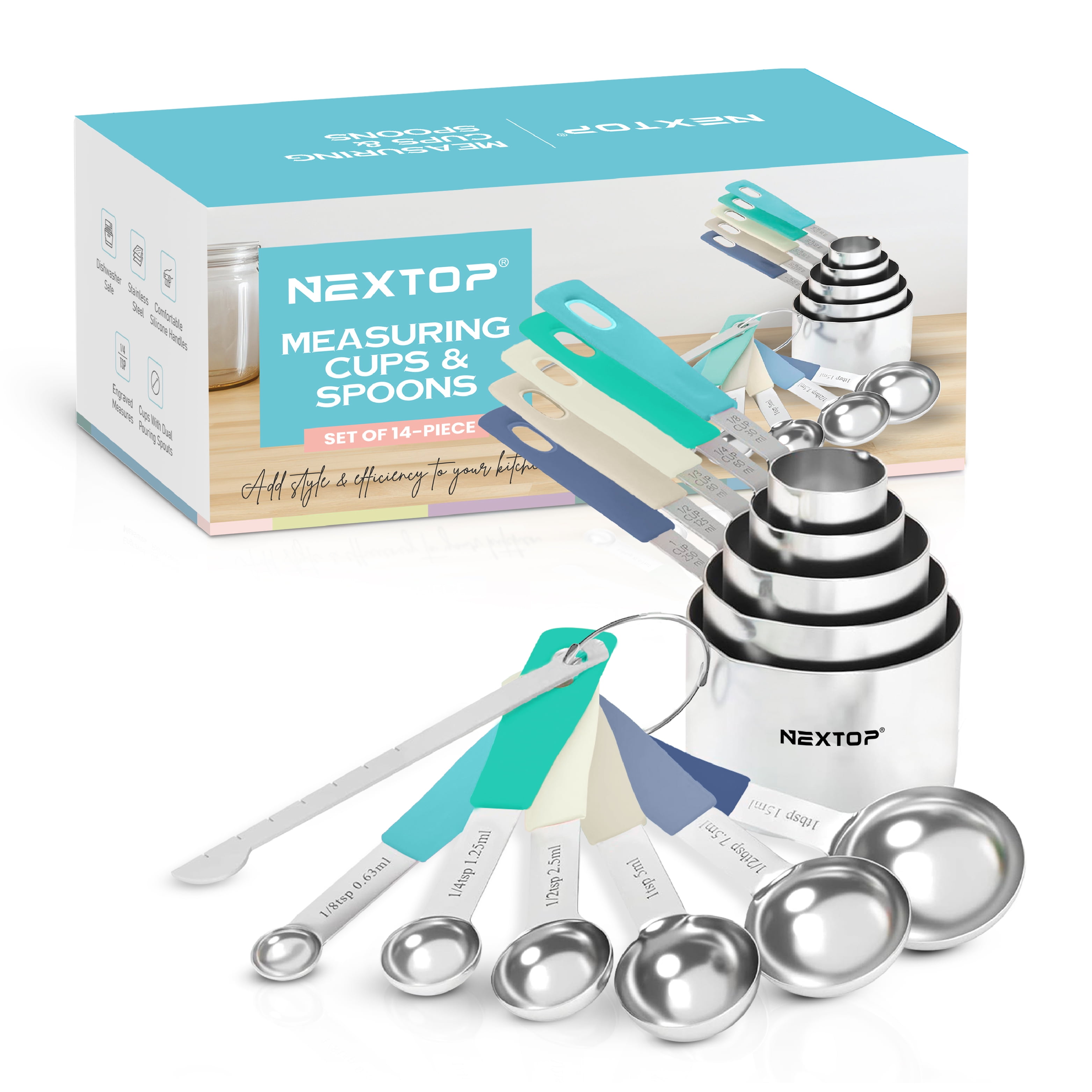 Nextop 14-Piece Stainless Steel Measuring Cups and Spoons Set with 1/8 ...