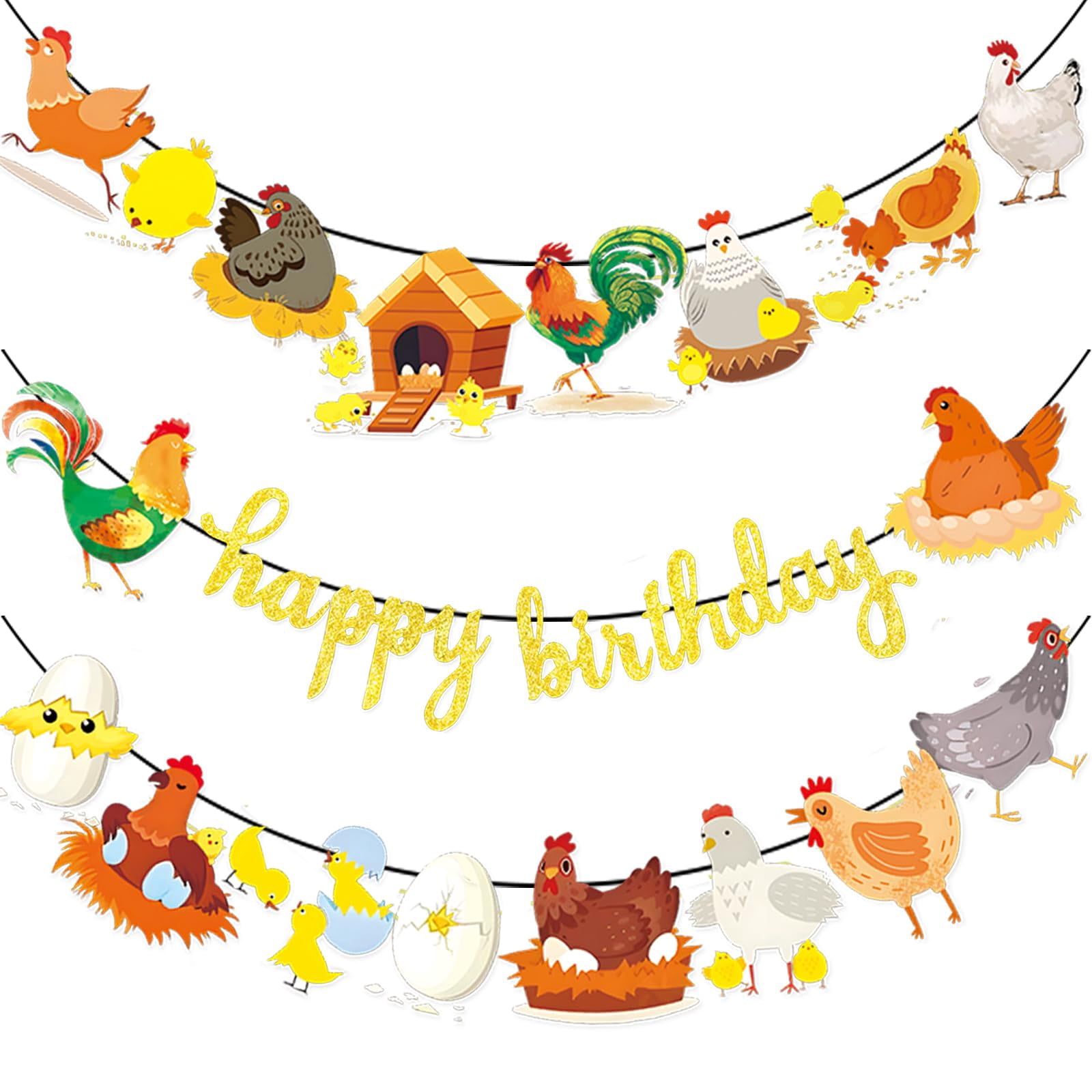 Neyeidru 3pcs Chicken PresNok Birthday Decorations Gold Glitter Happy ...