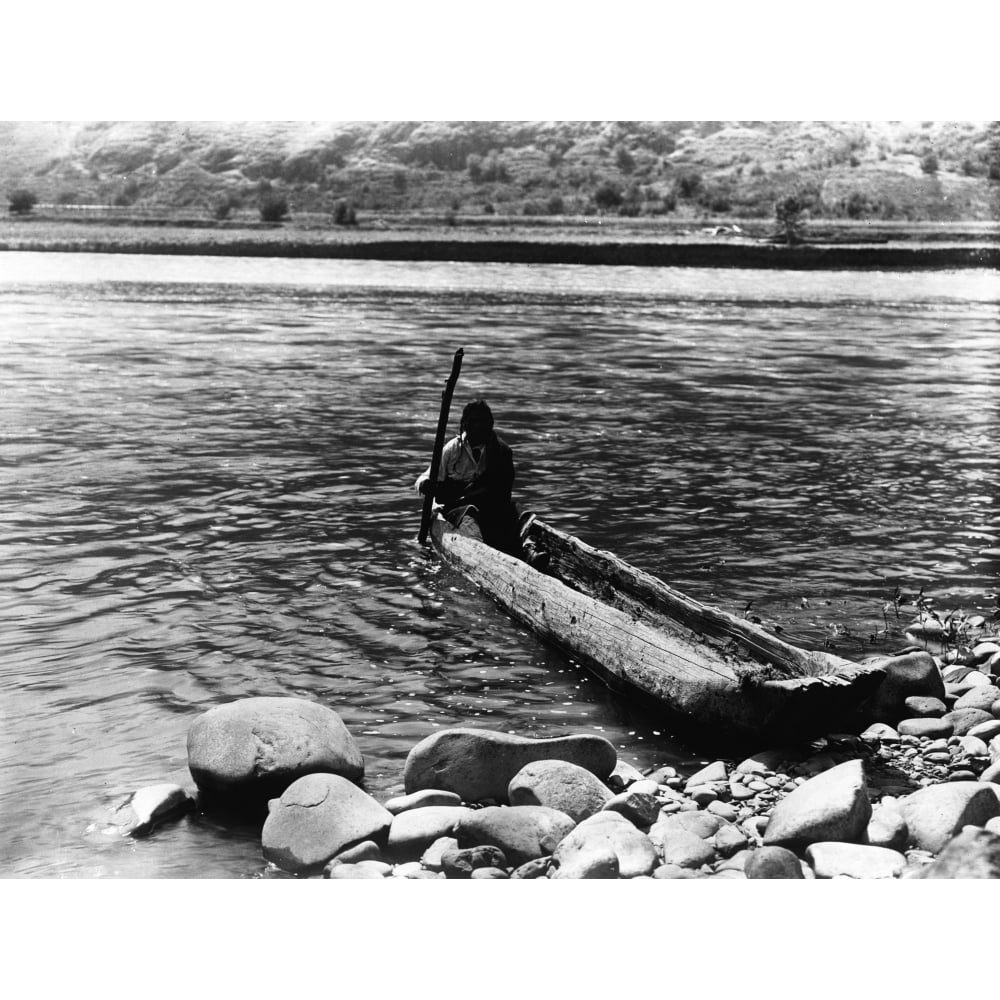 Nez Perc Canoe. Nez Perc Man With Pole Maneuvering Dugout Canoe To Rocky Shore. Edward S. Curtis ...