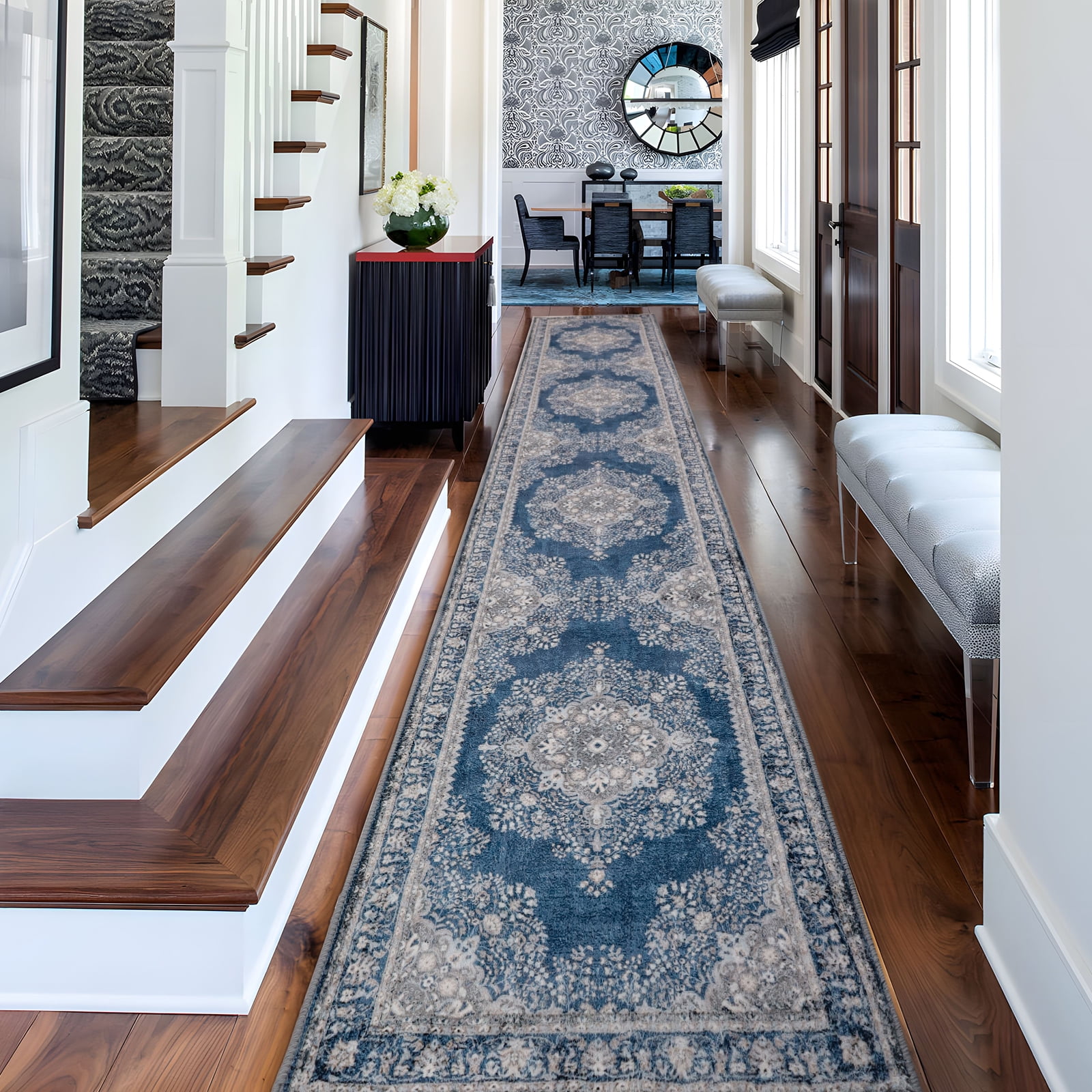 2X10ft Hallway Runner Rug, Persian Blooms Design Washable Non-Skid Area ...