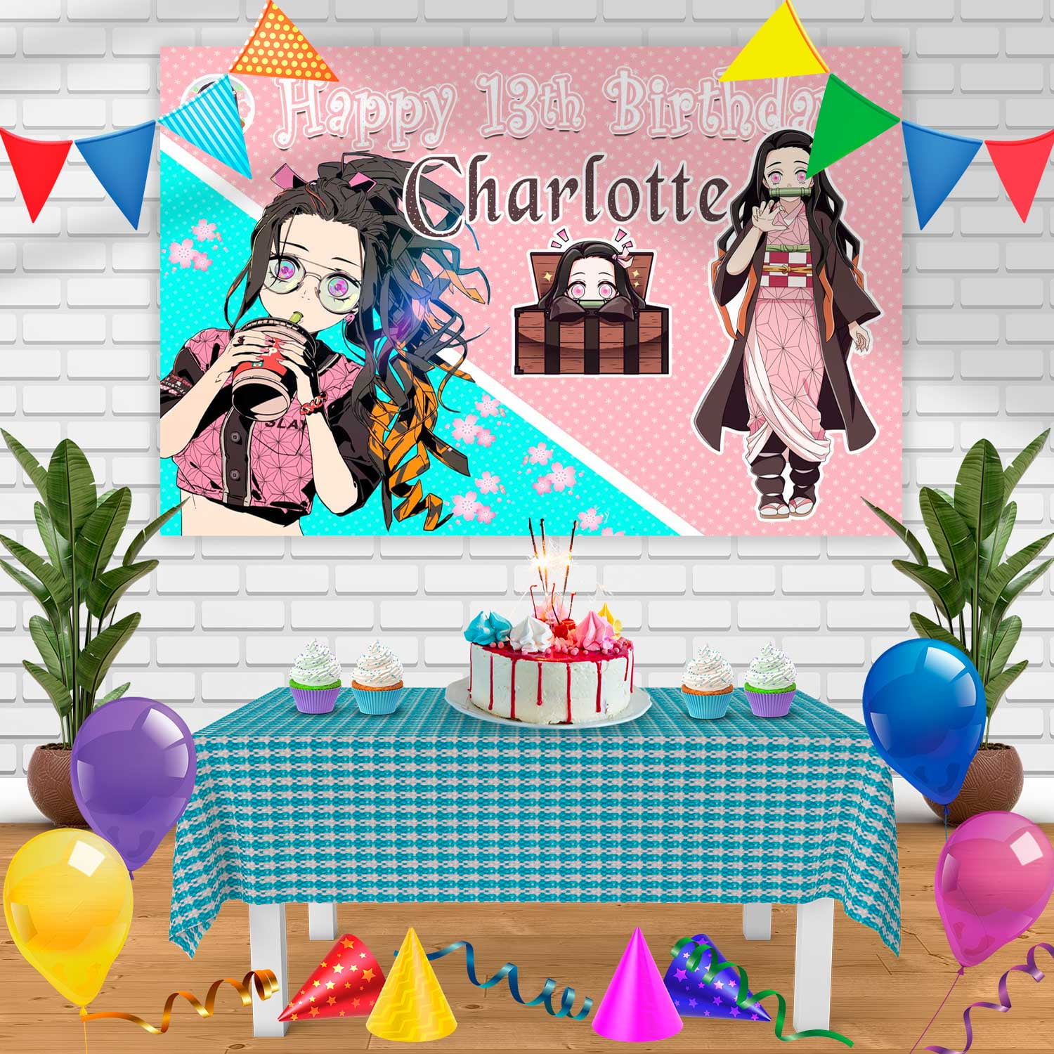 Nezuko Demon Slayer Birthday Banner Personalized Party Backdrop ...