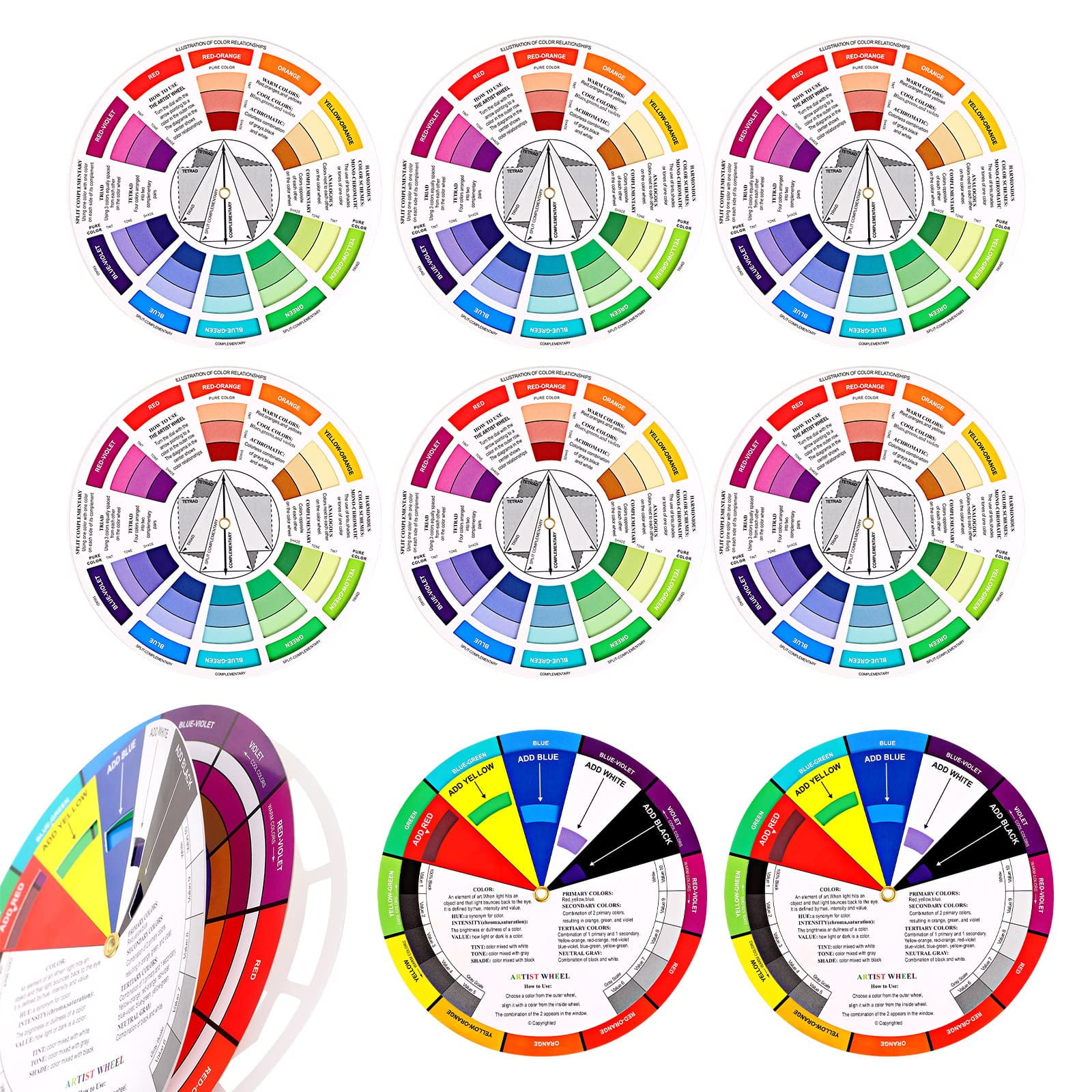 Nezyo 10 Pieces Color Paint Wheel Chart for Artist Kids Paint Mixing ...