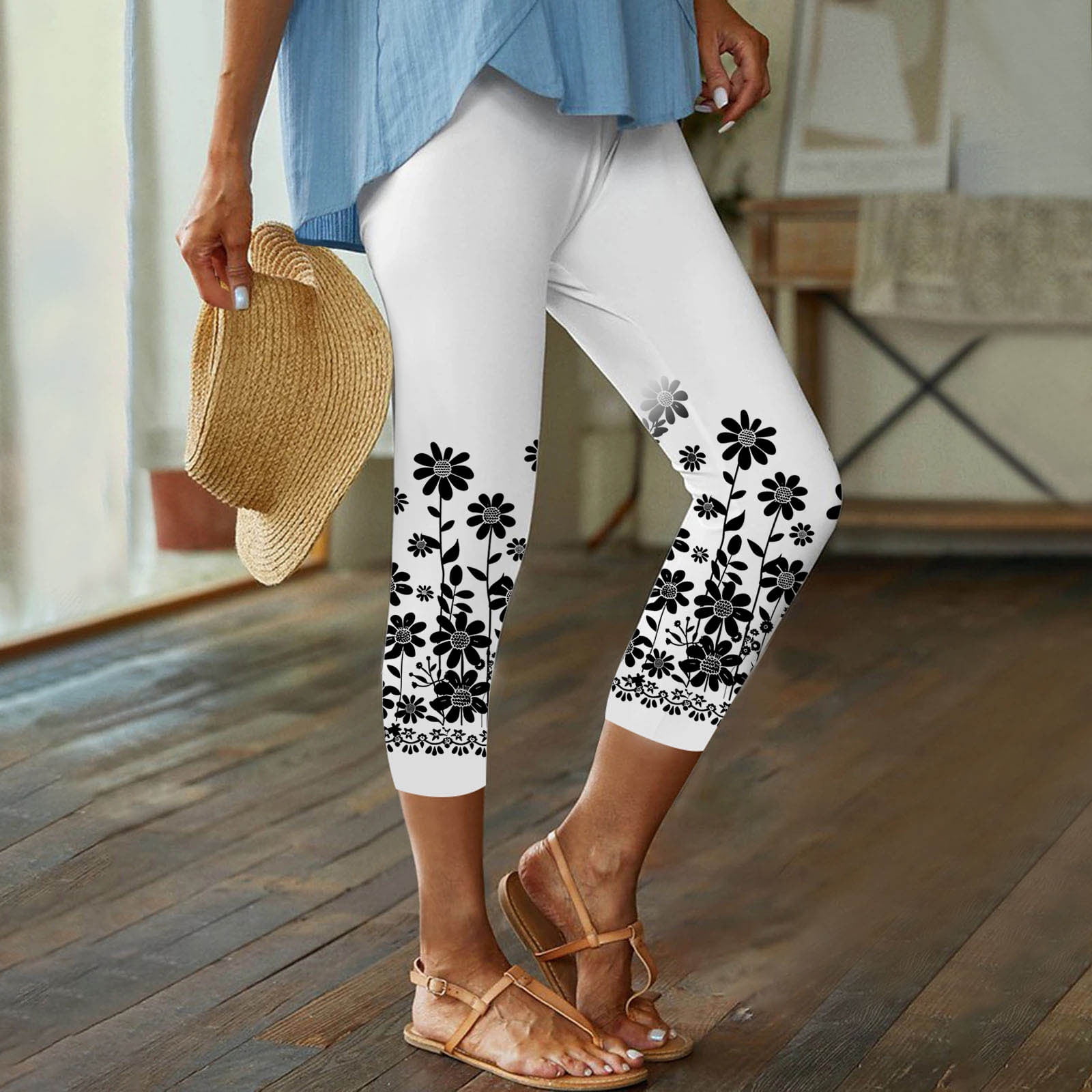 Nfurl Boho Capri Leggings for Women Floral Print Workout Pants High ...