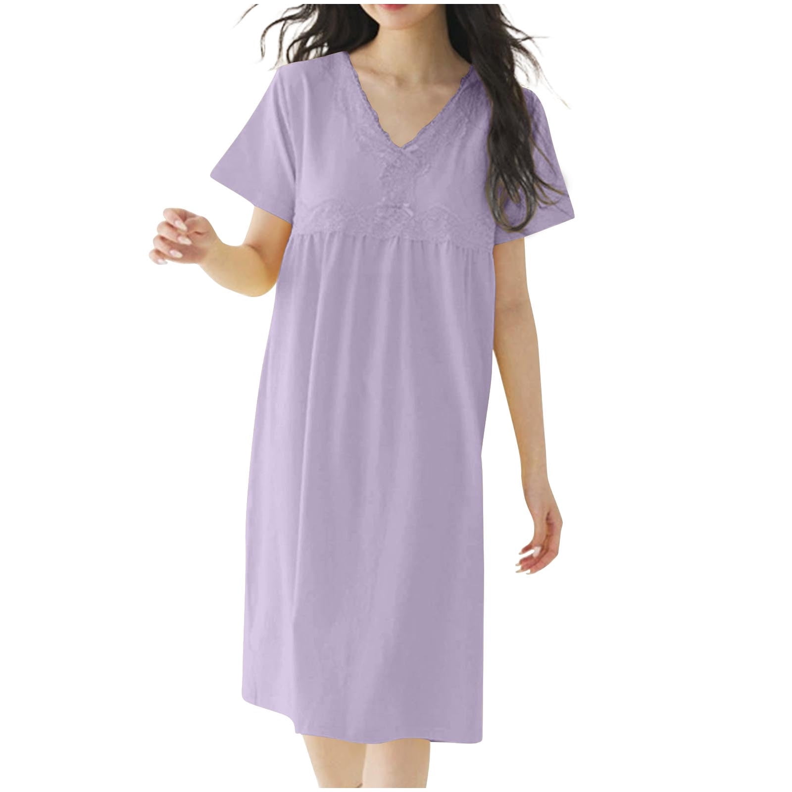 Nfurl Nightgown for Women Soft Cotton Short Sleeve V Neck Night Dress ...