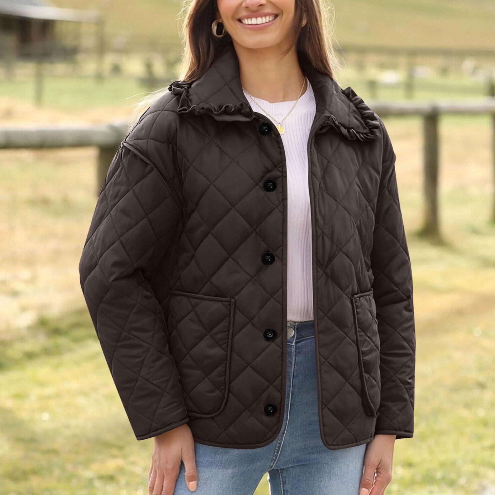 Nfurl Puffer Jacket Women Cropped Ruffle Collar Winter Quilted Jackets ...