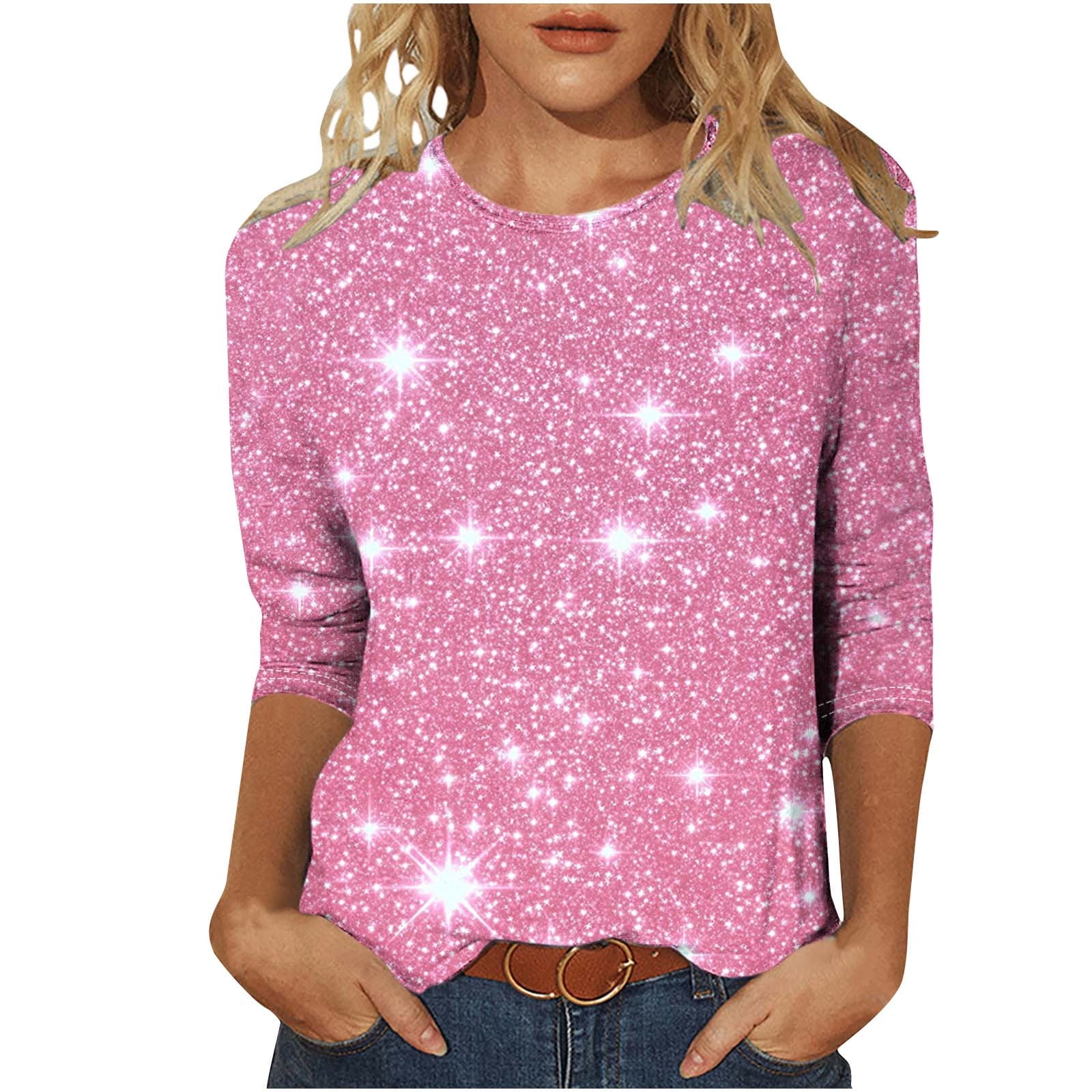 Nfurl Sparkly Sequin Tops for Women Dressy Casual 3/4 Sleeve Crewneck ...