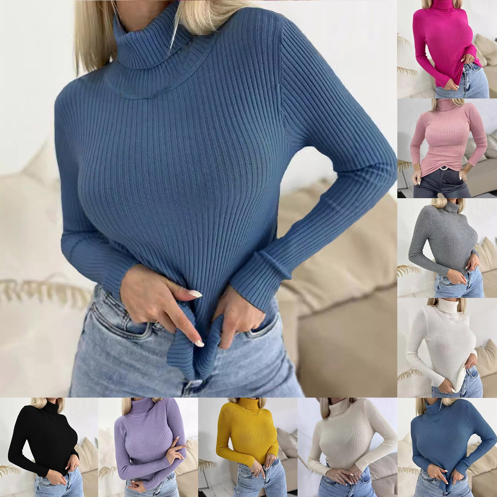 Nfurl Turtleneck Sweaters for Women Slim Fit Long Sleeve Knit Sweater ...