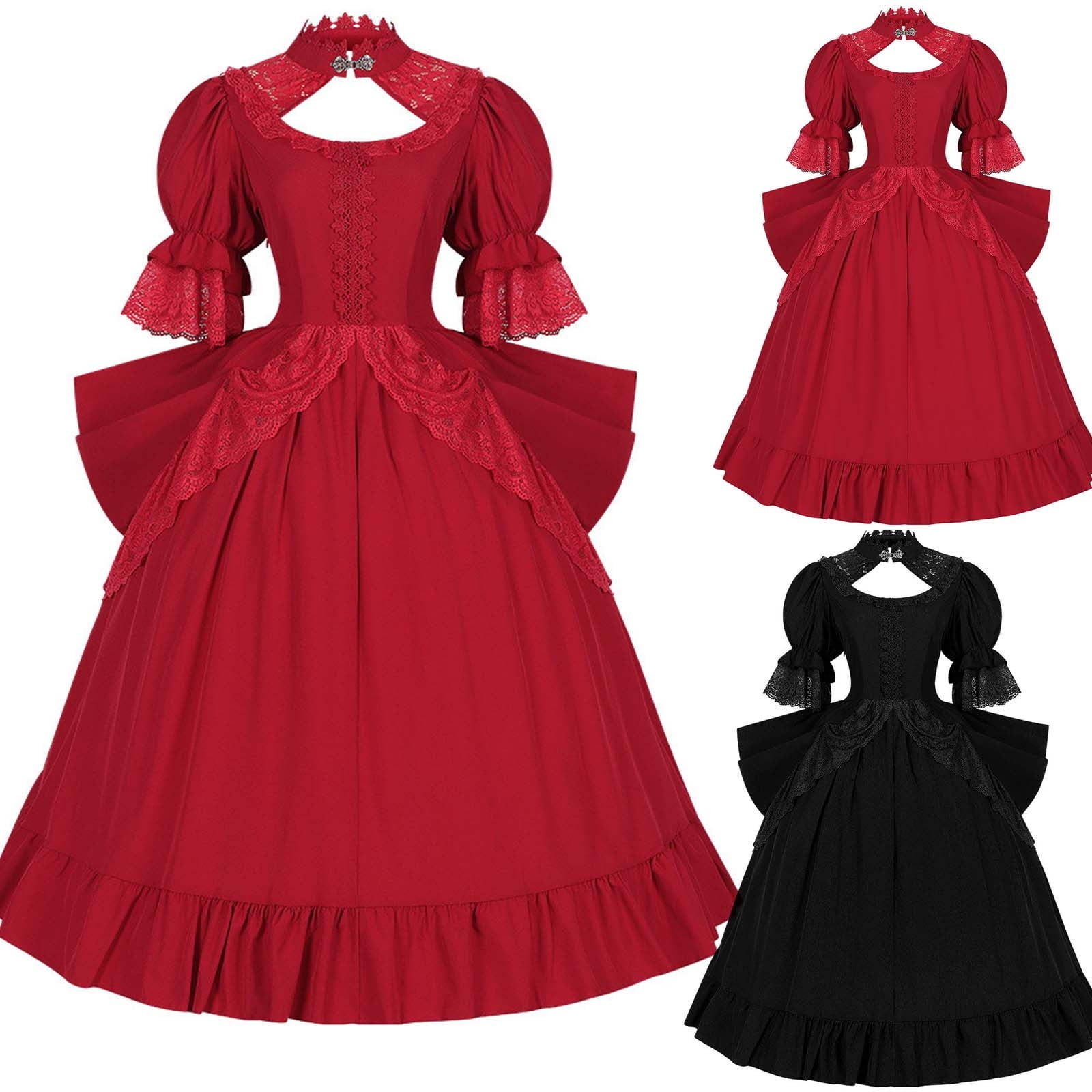 Nfurl Victorian Rococo Dresses for Women Elegant Lace Trim Puff Sleeve ...