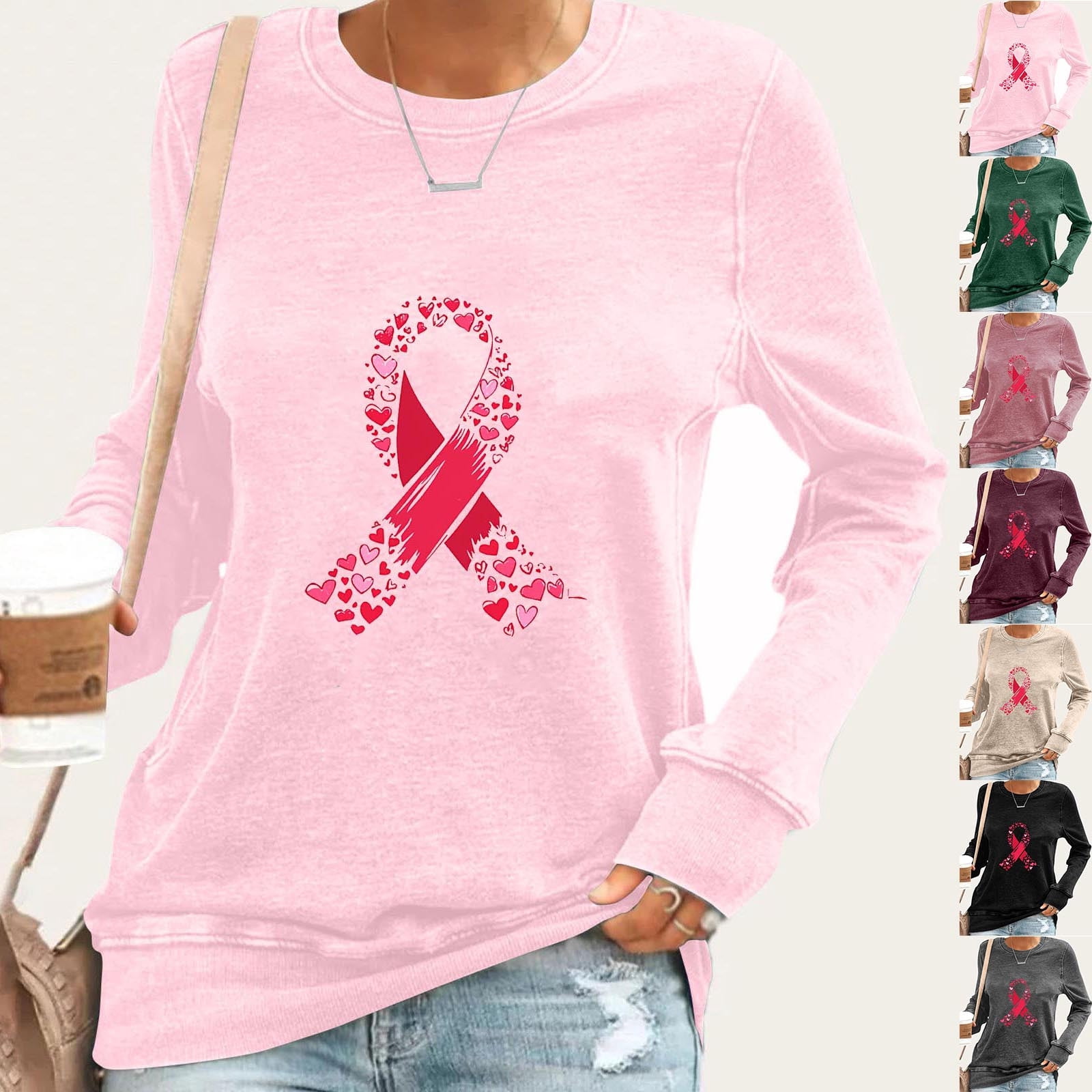 Nfurl Women Blessed Breast Cancer Ribbon Graphic Tees Shirts Long ...