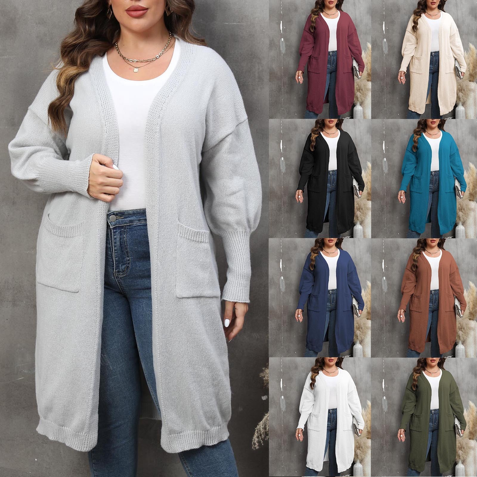 Nfurl Women's Plus Size Long Cardigans Soft Cotton Solid Color Open ...