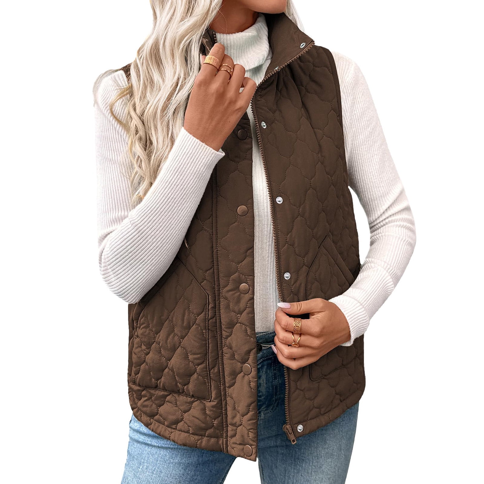 Nfurl Women's Quilted Vests Loose Fit Zip Up Stand Collar Puffer Vest ...