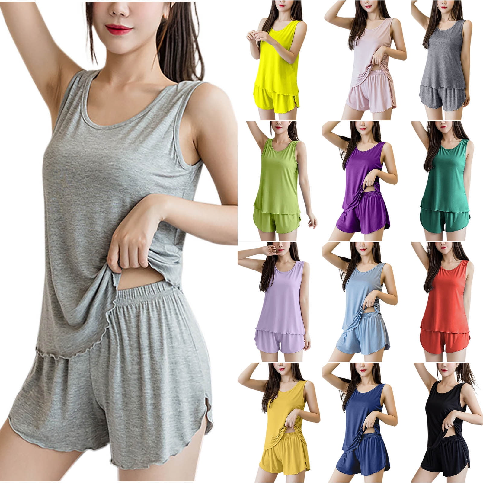 Nfurl Womens Sleeveless Pajamas Set Racerback Built In Bra Tank Top And Shorts Sets 2 Piece