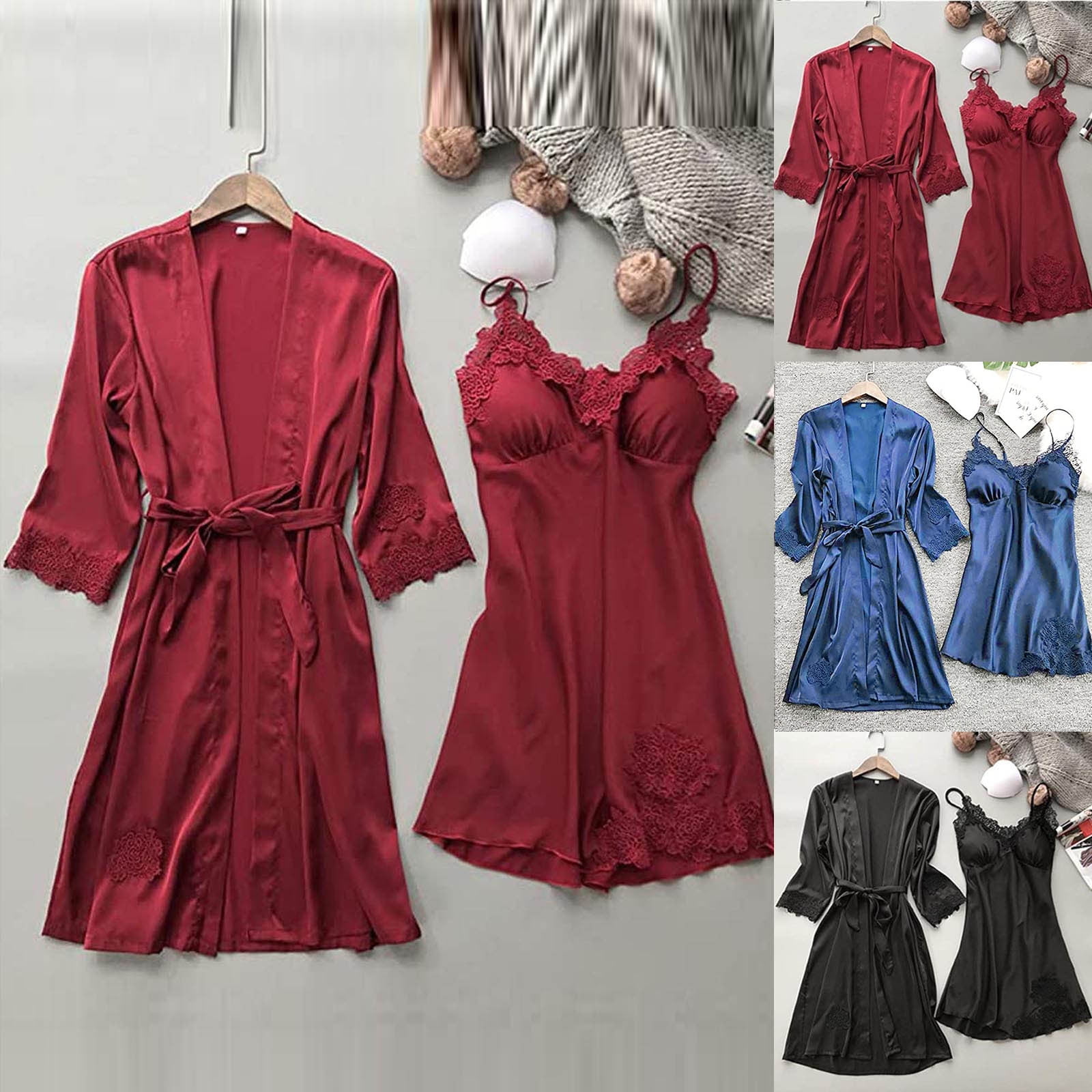 Nfurl Womens 2pcs Pajama Sets Soft Satin Nightgown and Robes Set ...