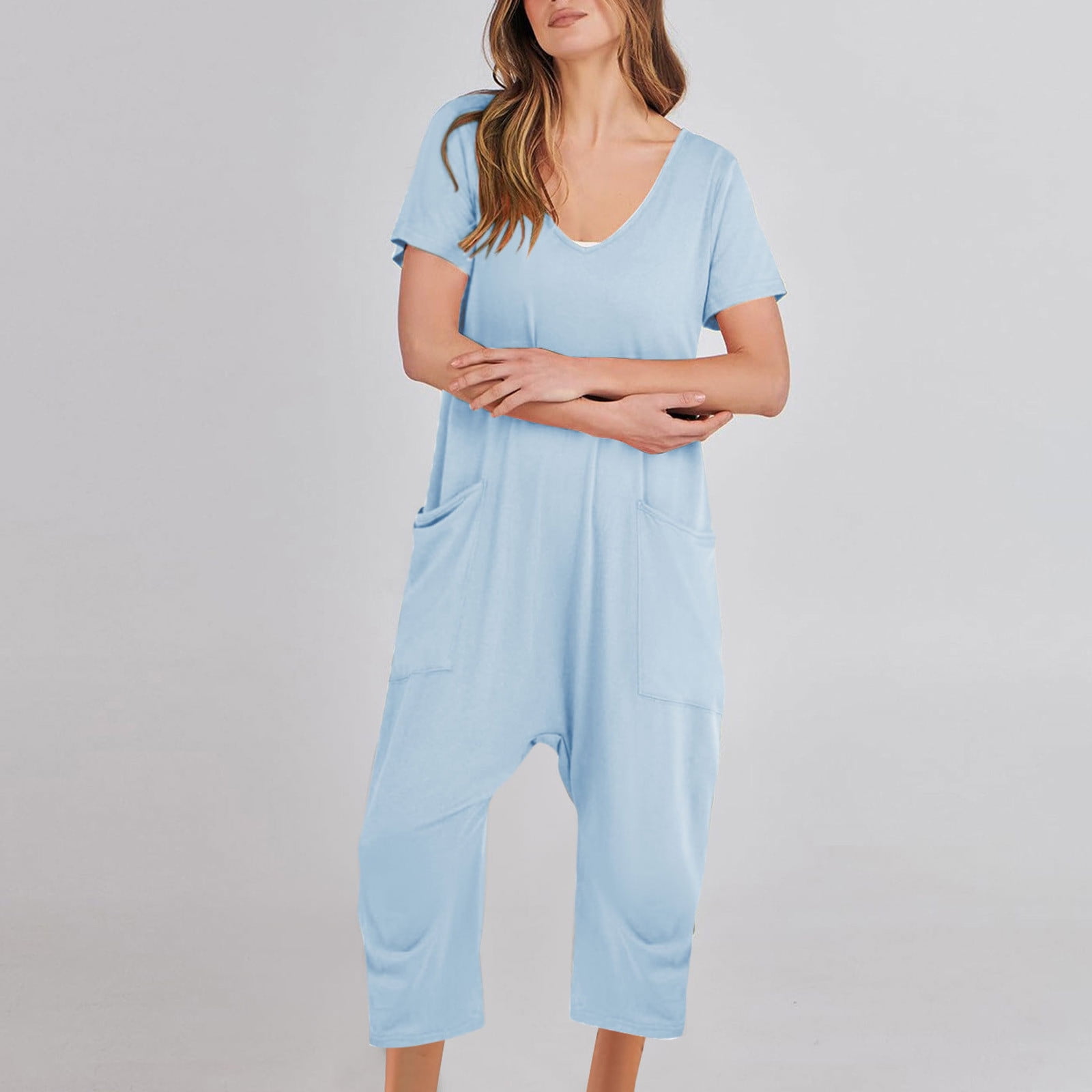 Nfurl Womens Capri Jumpsuits with Pockets Summer Short Sleeve Rompers ...