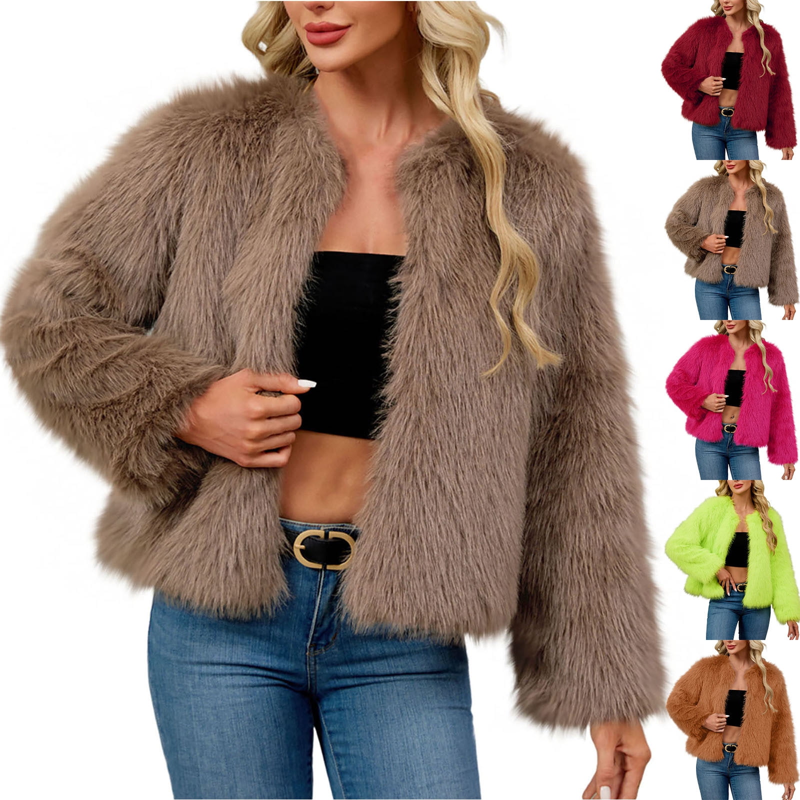 Nfurl Womens Faux Fur Short Jackets Soft Shaggy Long Sleeve Open Front ...