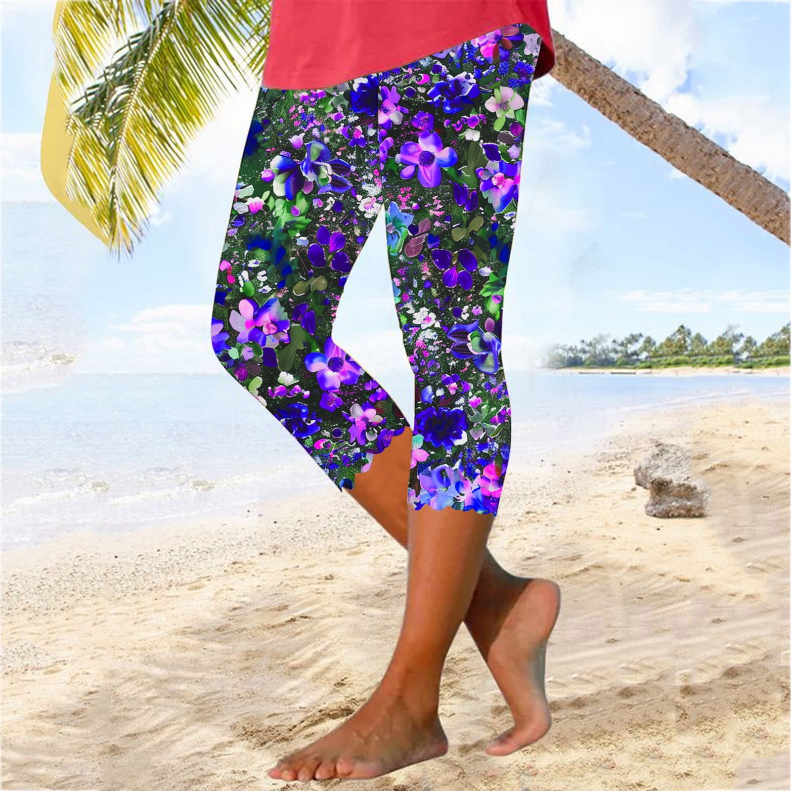 Nfurl Womens Hawaii Floral Print Capri Leggings Boho Summer Beach ...