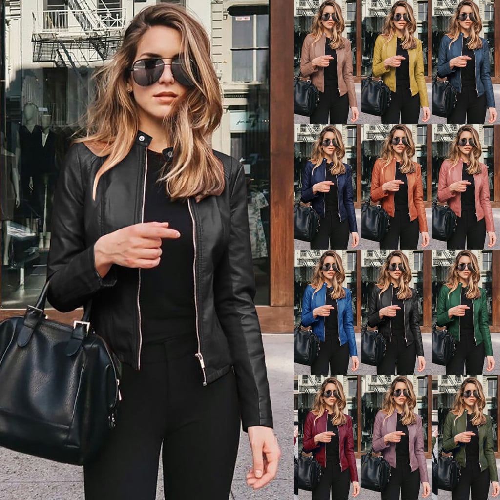 Nfurl Womens Leather Bomber Jackets Retro Zip Up Crop Coats Slim Fit ...