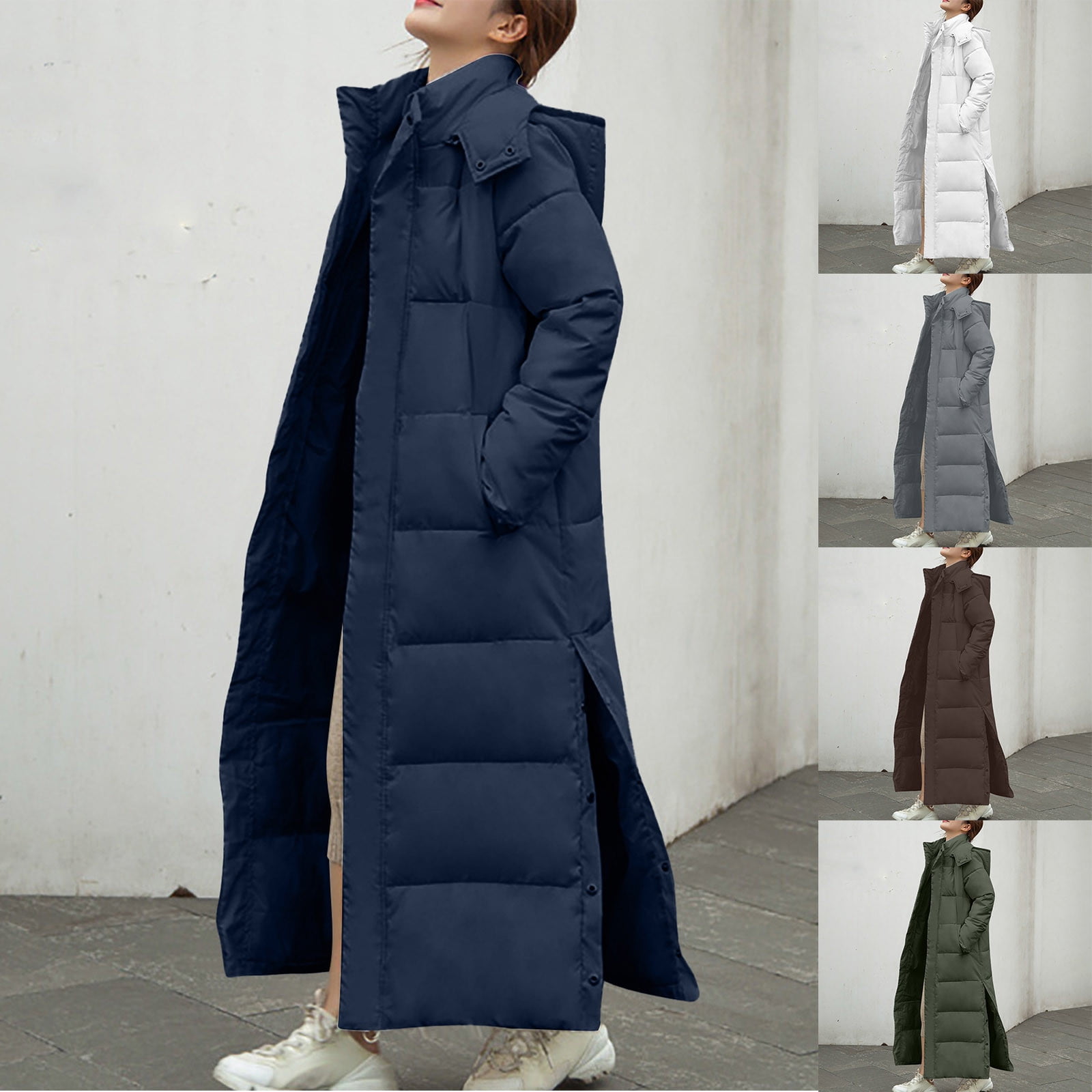 Nfurl Womens Long Puffer Coats with Hood Trendy Side Split Hem Ankle ...