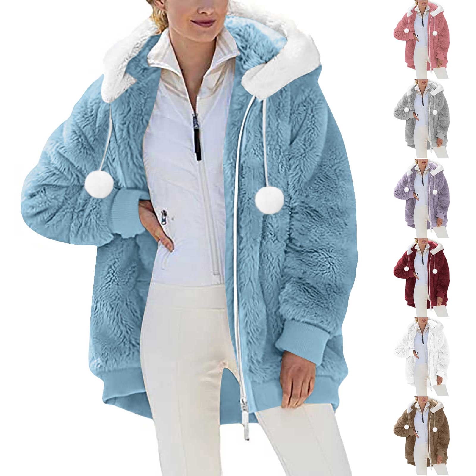Nfurl Womens Oversized Jackets Cute Drawstring Fuzzy Fleece Outerwear ...