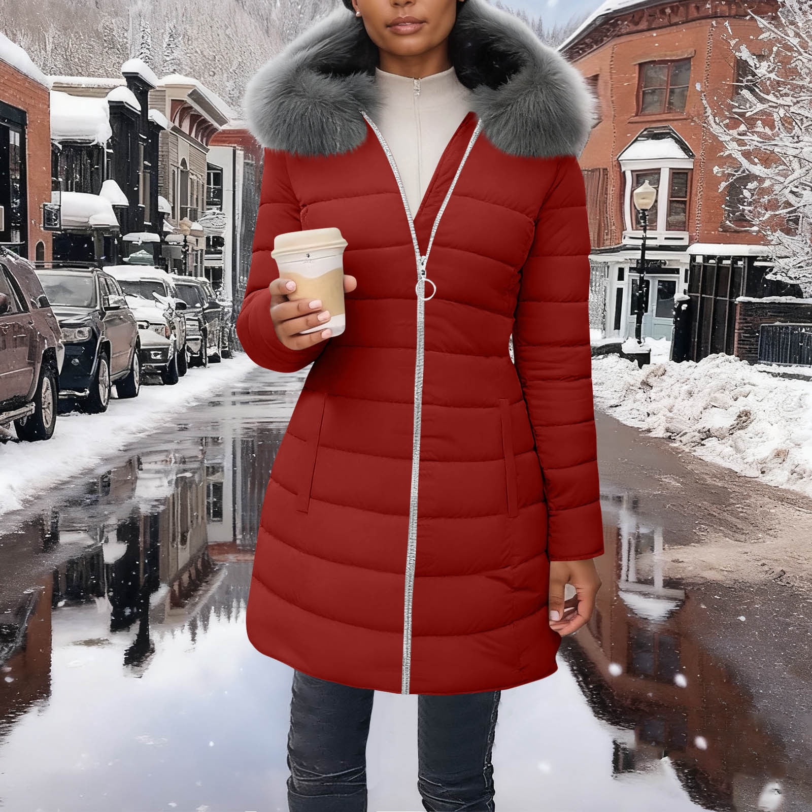 Nfurl Womens Plus Size Winter Coats with Plush Hood Warm Fleece Lined ...