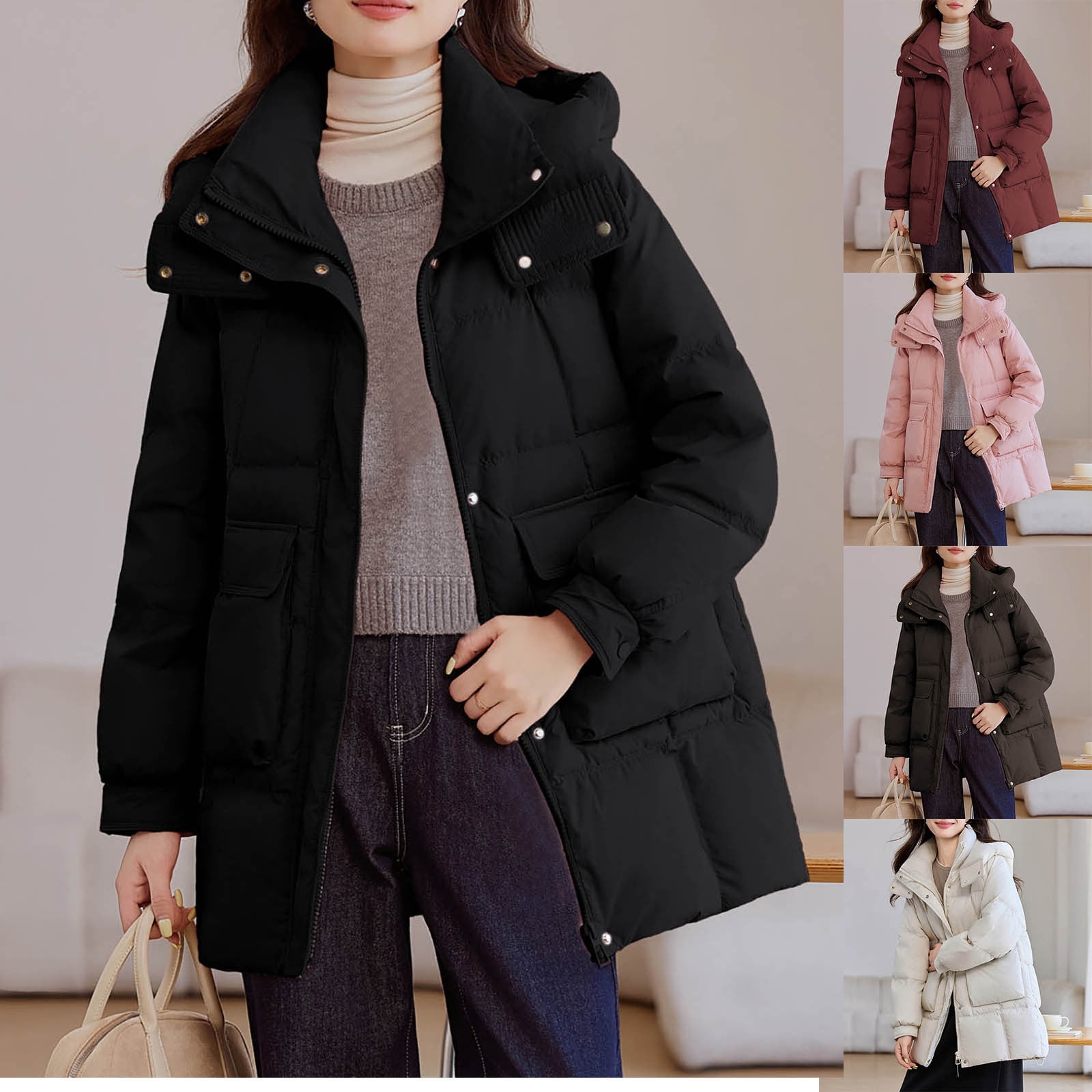 Nfurl Womens Puffer Jackets with Hood 2025 Trendy Solid Color Zip Up ...