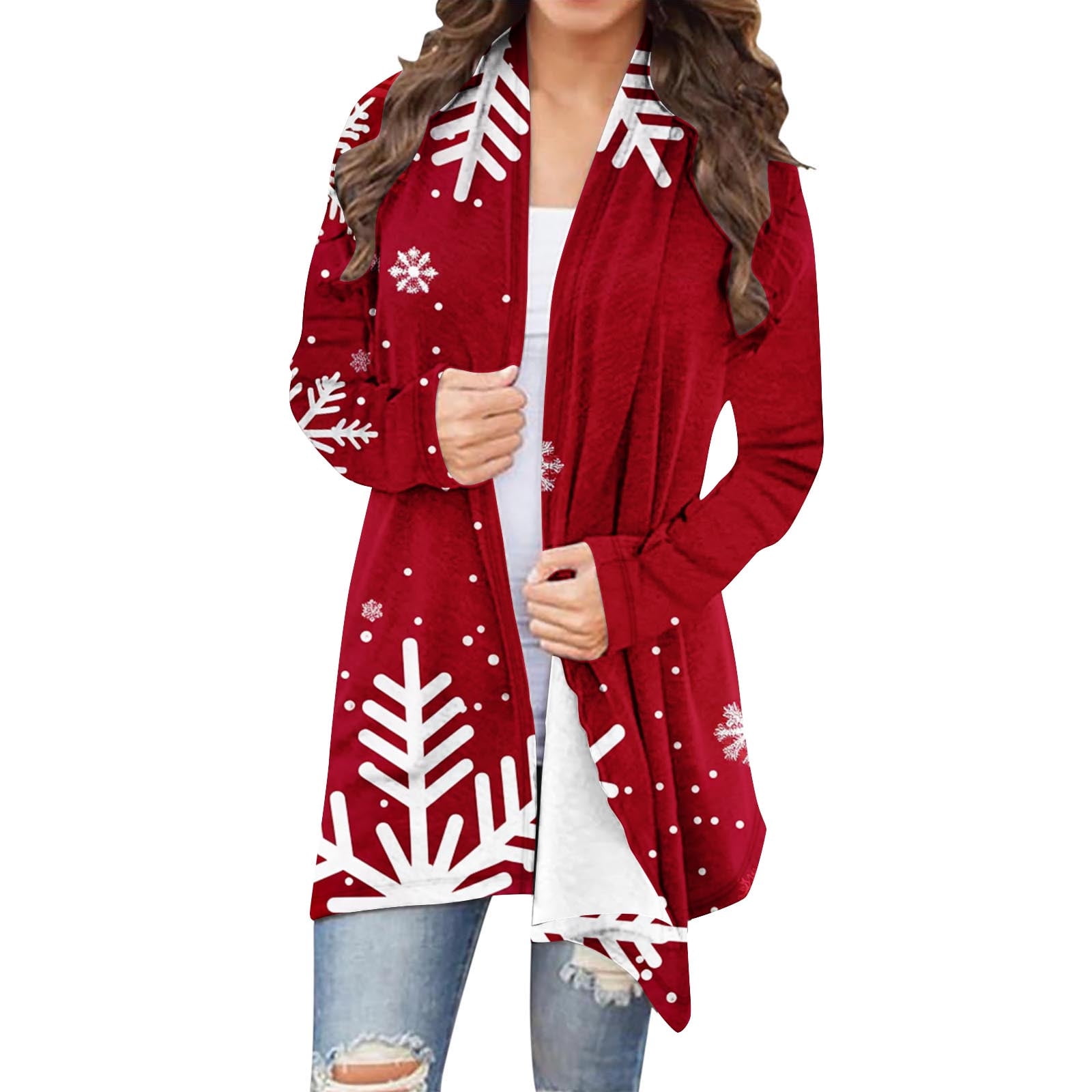 Nfurl Womens Red Christmas Cardigans 2025 Snow Print Open Front Jackets ...