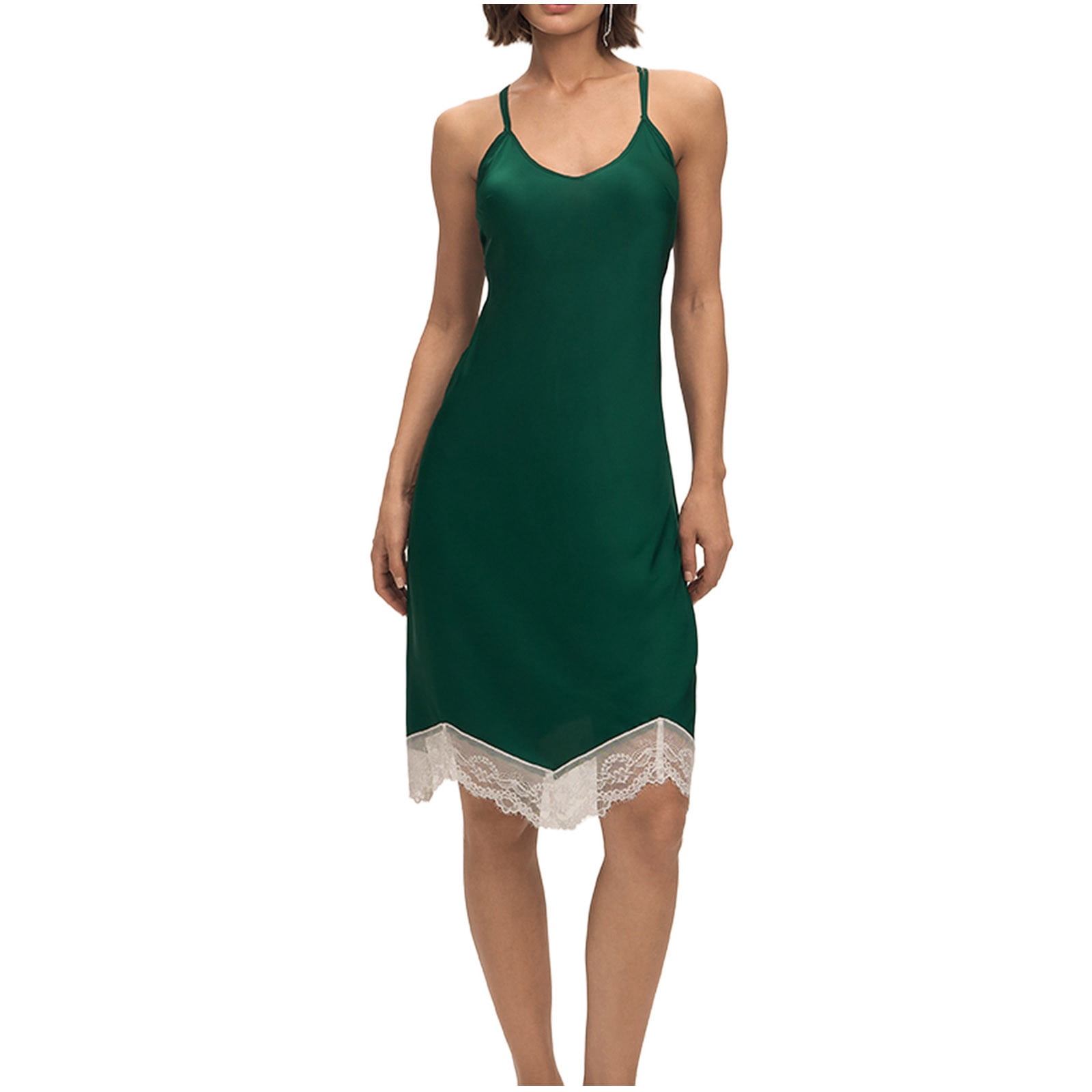 Nfurl Womens Satin Long Nightgowns Elegant Lace Trim Hem Spaghetti ...