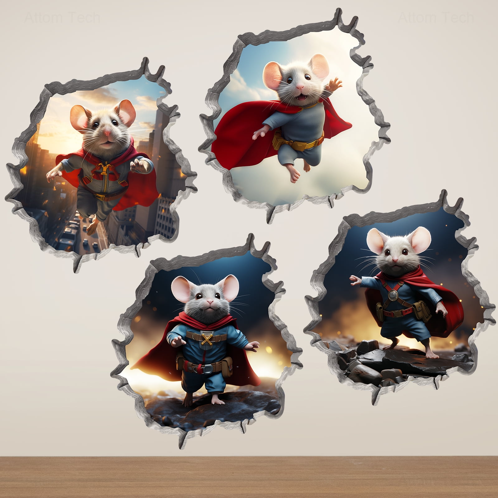 NiArt 3D Mouse Hole Wall Decals 4-Pack, Easy-to-Apply Art for Bedroom ...