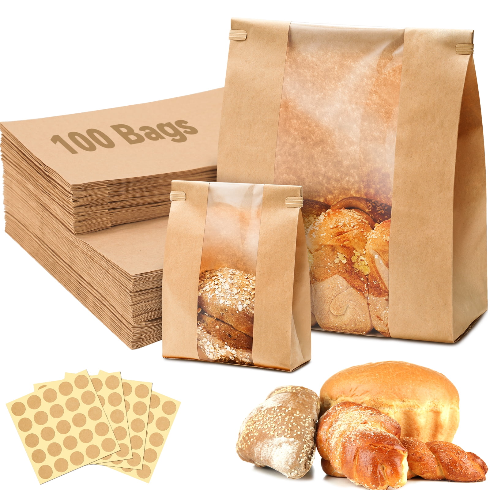 NiHome 100-Pack Kraft Paper Bread Bags with Tin Ties & Stickers for ...