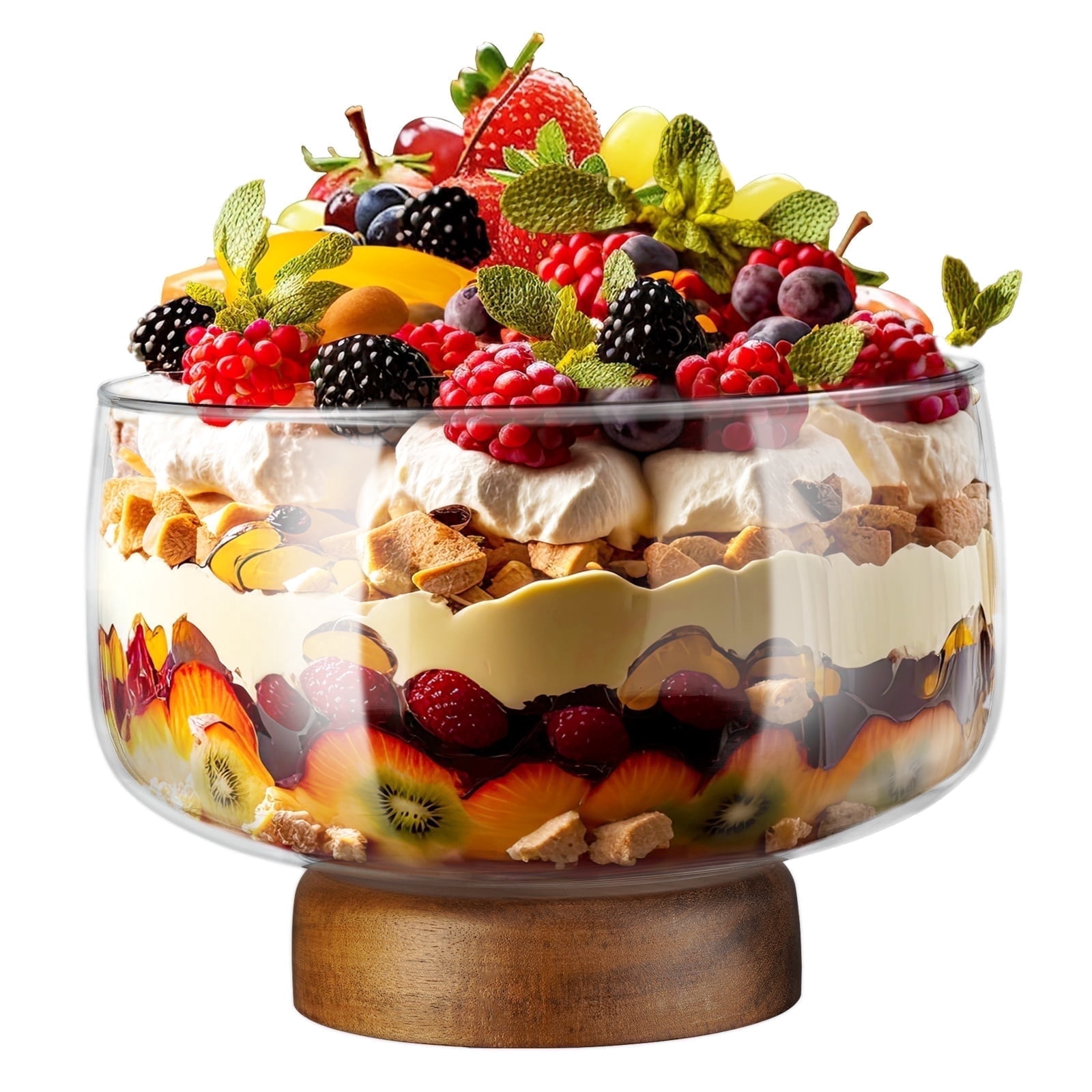 Free Shipping! NiHome Large 123oz Glass Trifle Bowl with Acacia Wood ...