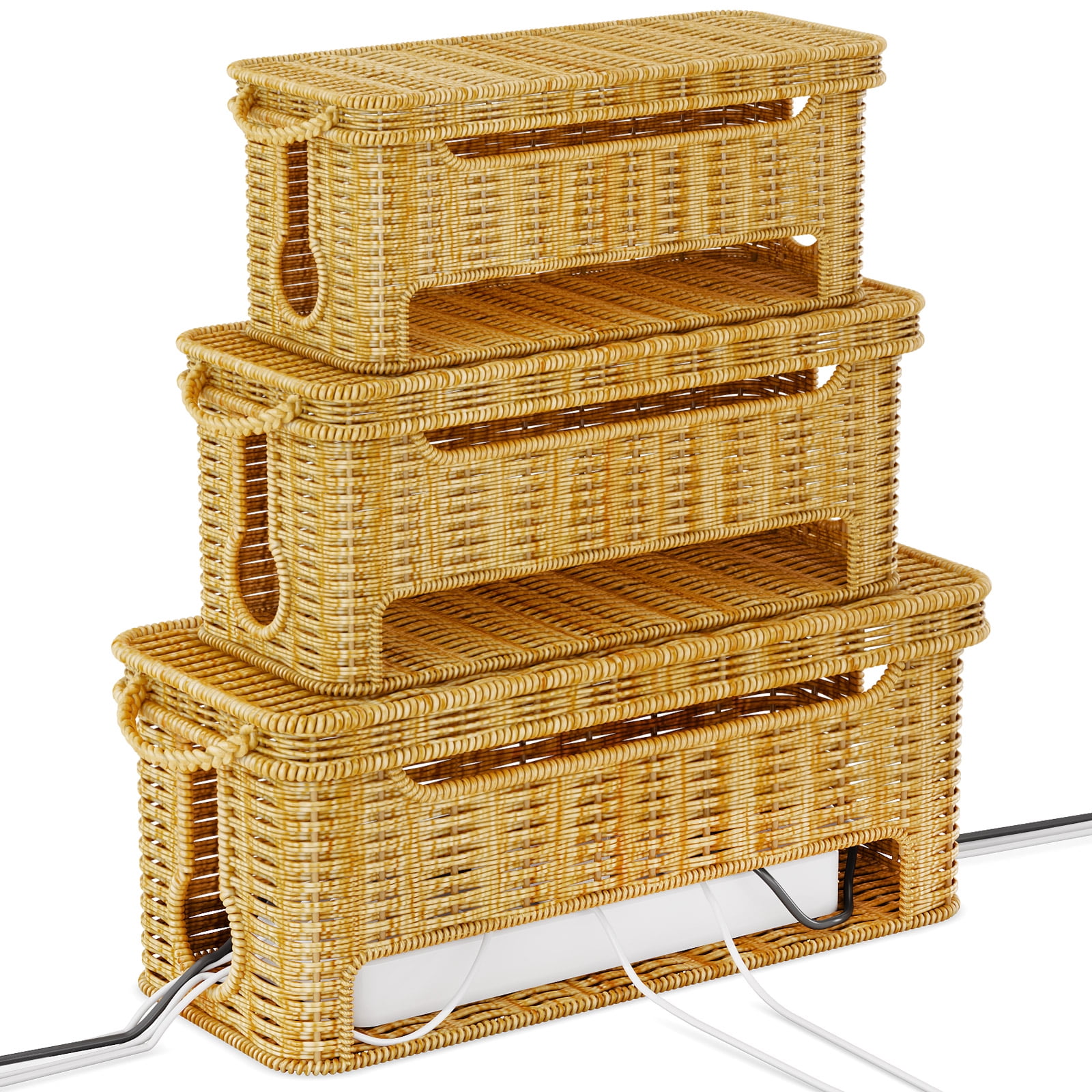 NiHome 3-Pack Rattan Cable Management Boxes to Keep Cords Organized in ...