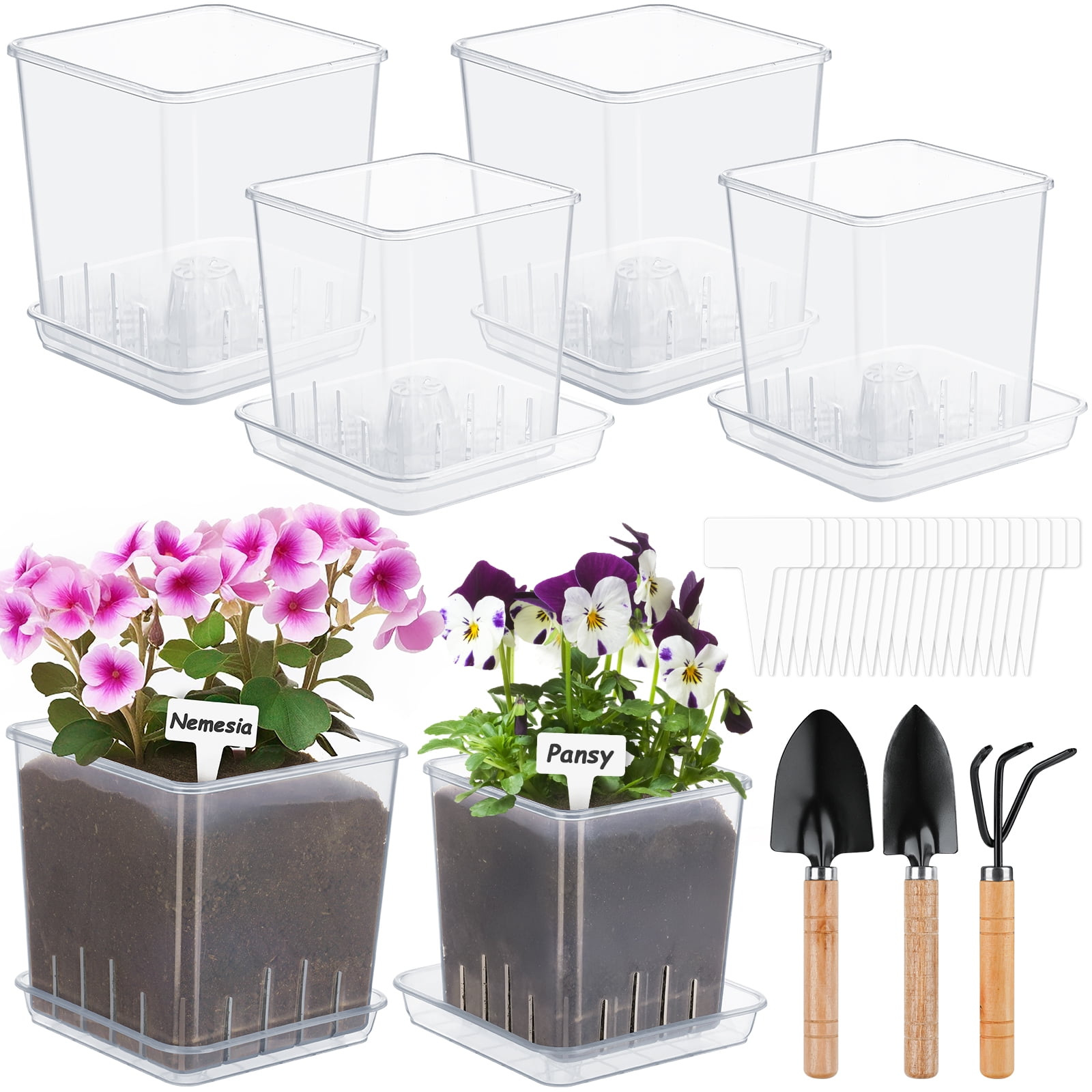 NiHome 6-Pack Clear Acrylic Nursery Pots with Trays & 3 Shovels, 4.1 ...