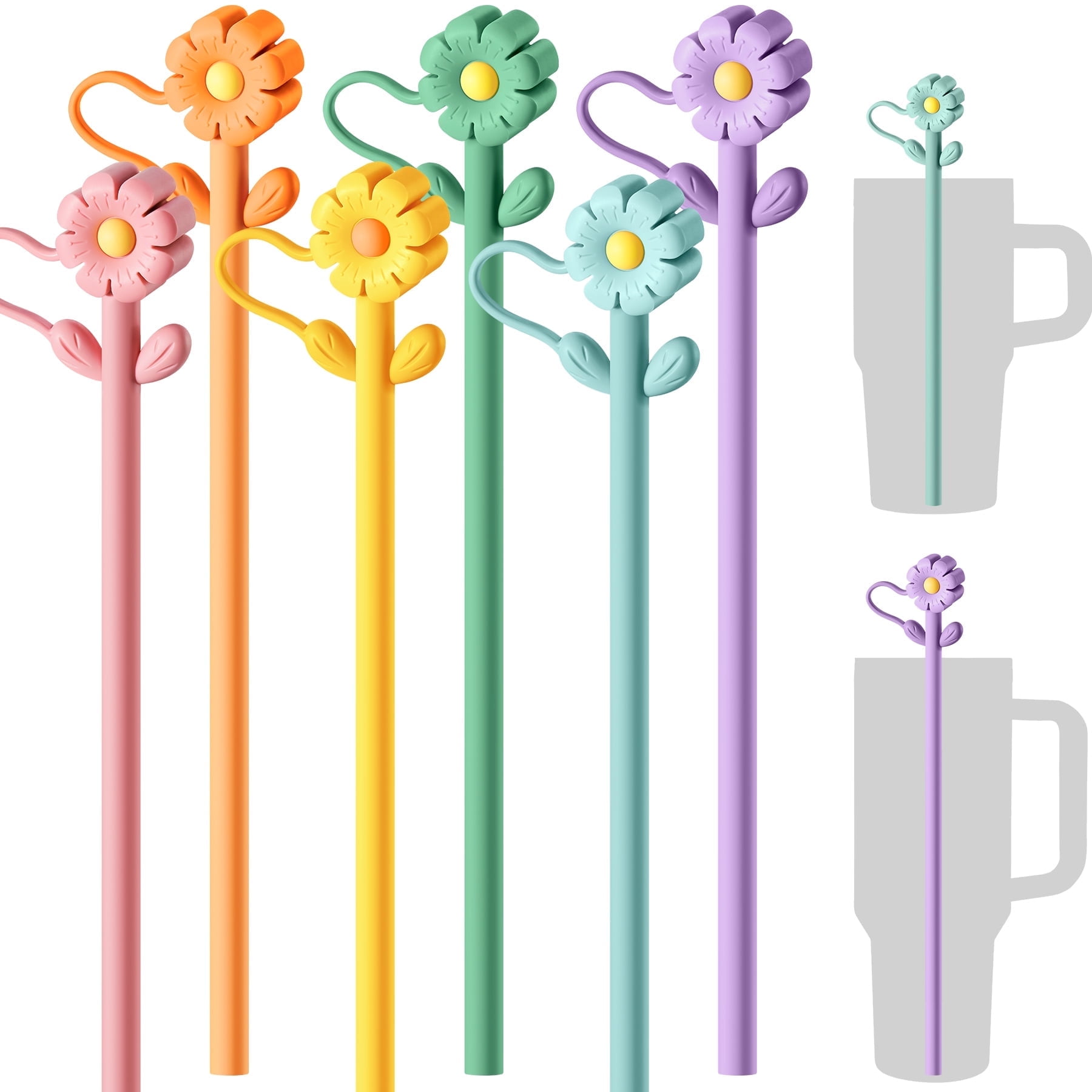 NiHome 6-Pack Silicone Straw with Flower Cover Cap, 12 Inch Reusable ...