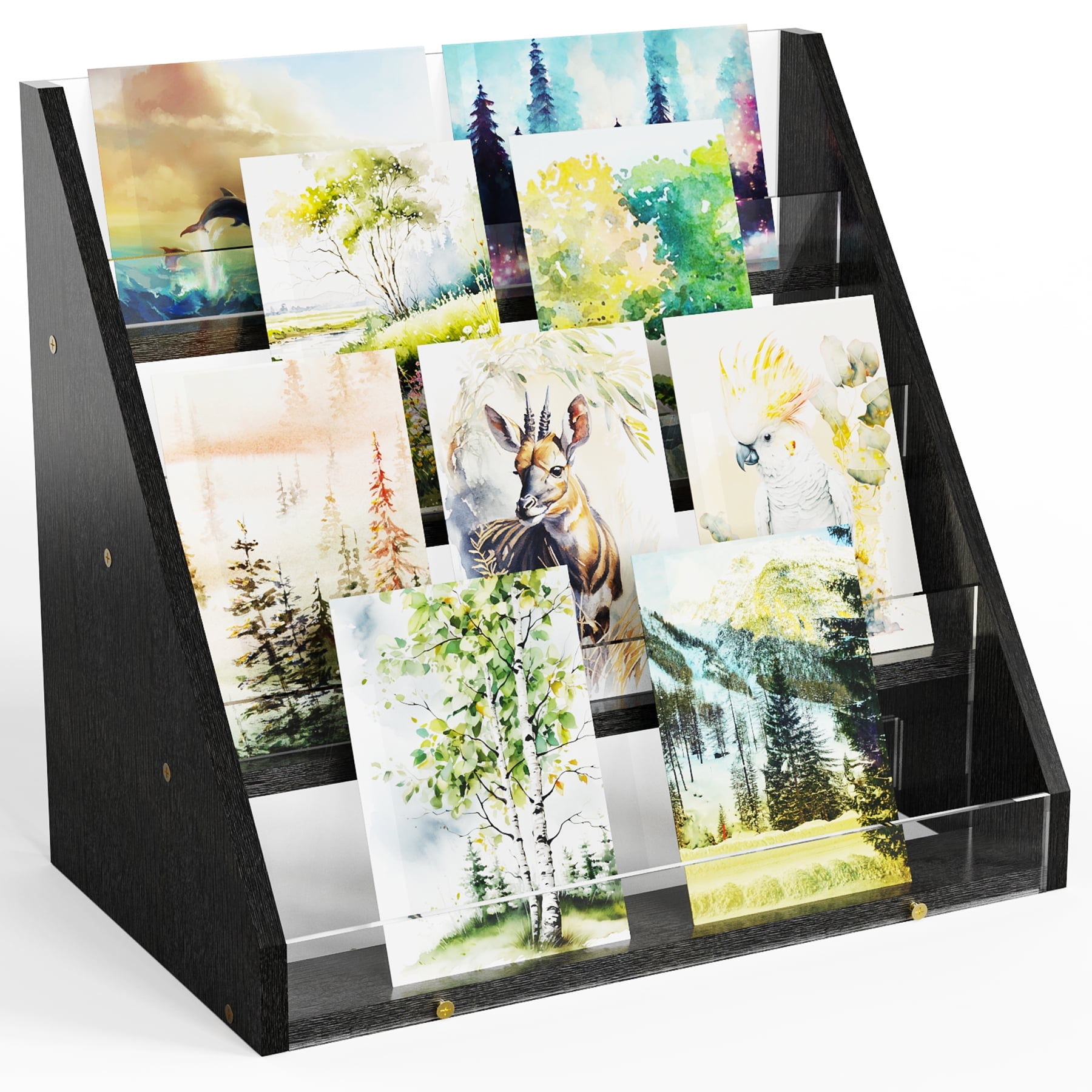NiHome Four-Tier Bamboo Display Stand with Clear Acrylic Panels for Greeting Cards, Photos ...