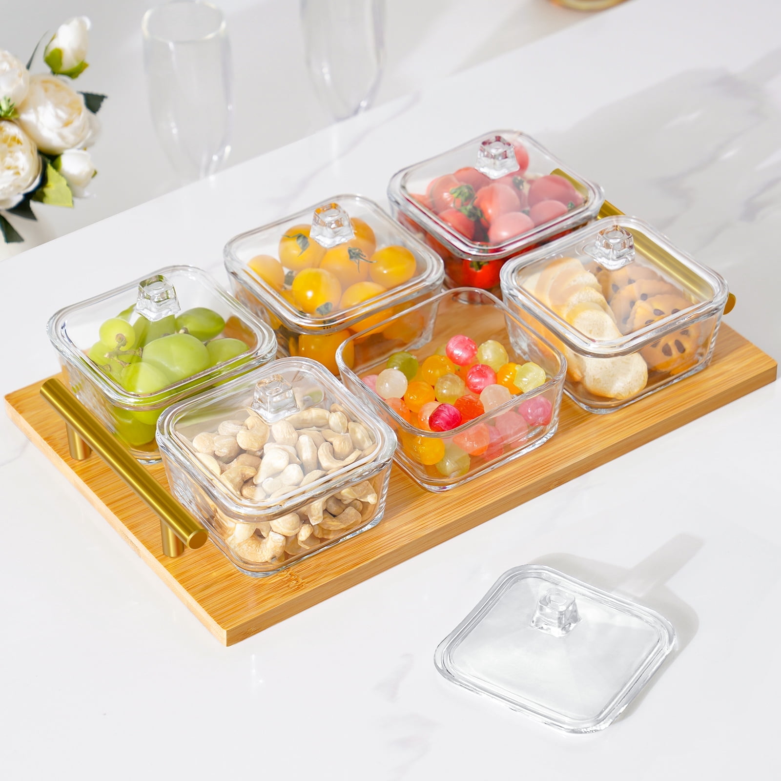 NiHome Glass Serving Platters with Handled Bamboo Tray Set, Divided ...