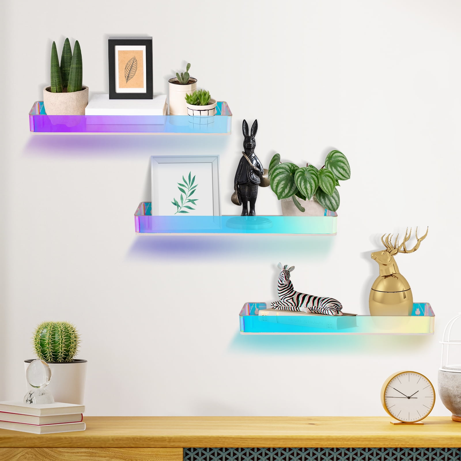 NiHome Iridescent Acrylic Floating Shelves, 3-Pack, Heavy Duty for ...