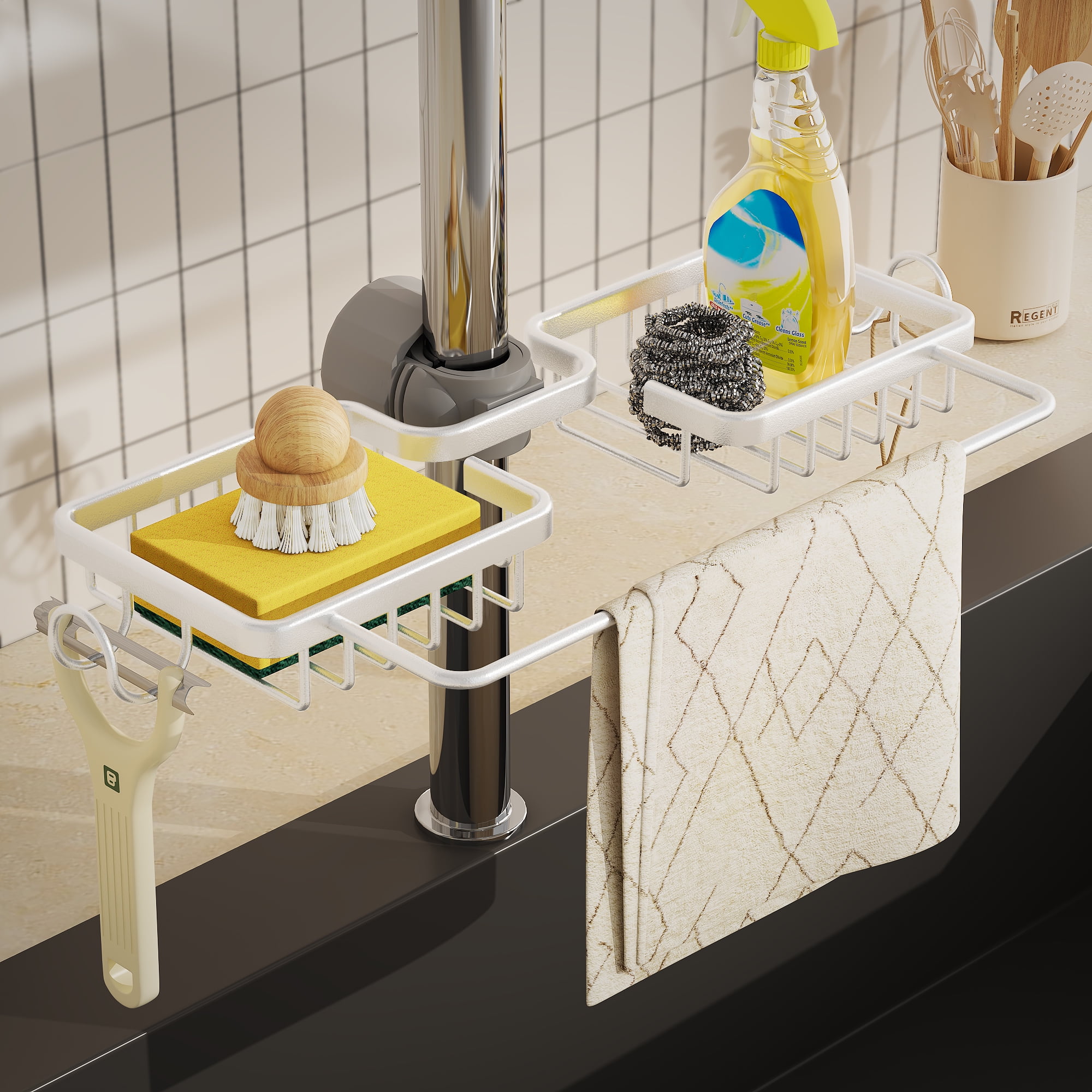 NiHome Multipurpose Kitchen Faucet Caddy Organizer for Brushes, Towels, Scrubbers, Space-Saving ...