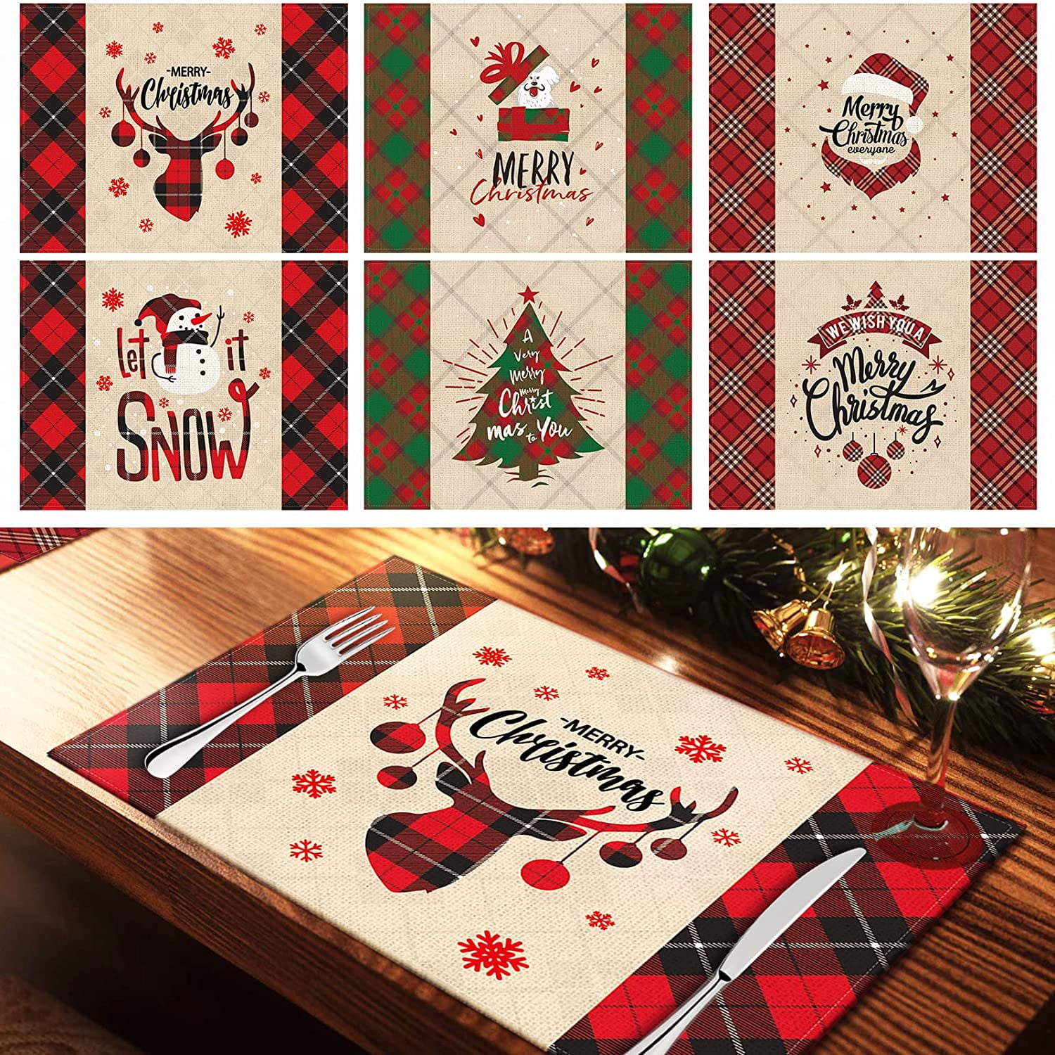 NiHome Linen Merry Christmas Placemats 6-Pack Holiday Dining Table ...