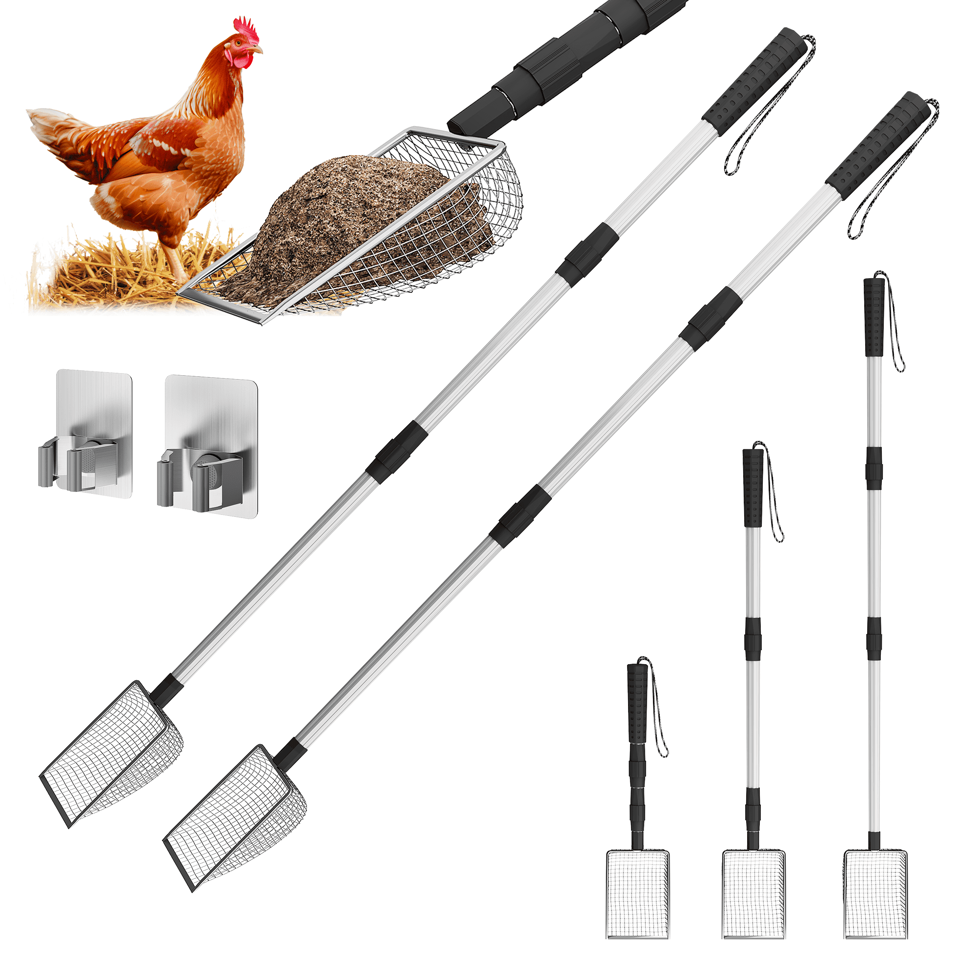 NiHome 2PCS Extendable Chicken Poop Scooper with Wall Mount Holders ...