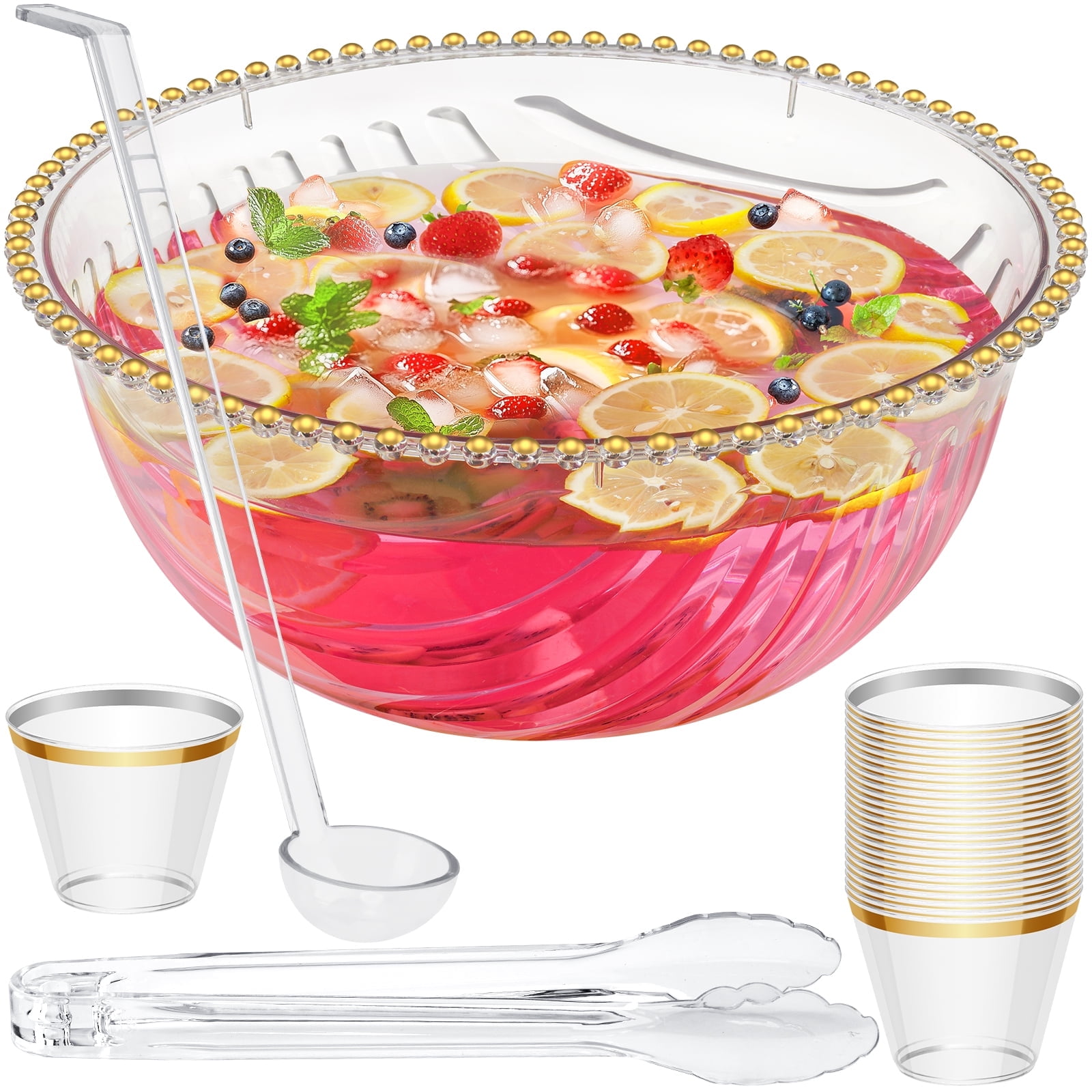 NiHome Large Plastic Punch Bowl with Ladle, Tongs and 25 Gold-Rimmed ...