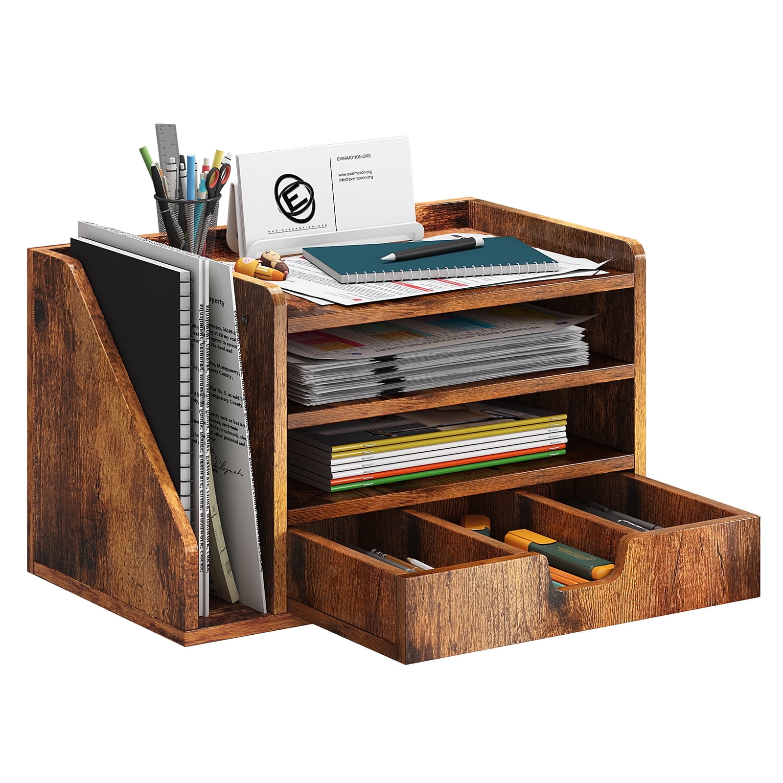 Multi-Tier Wood Desk File Organizer with Side File Rack, 3 Tray Shelves ...