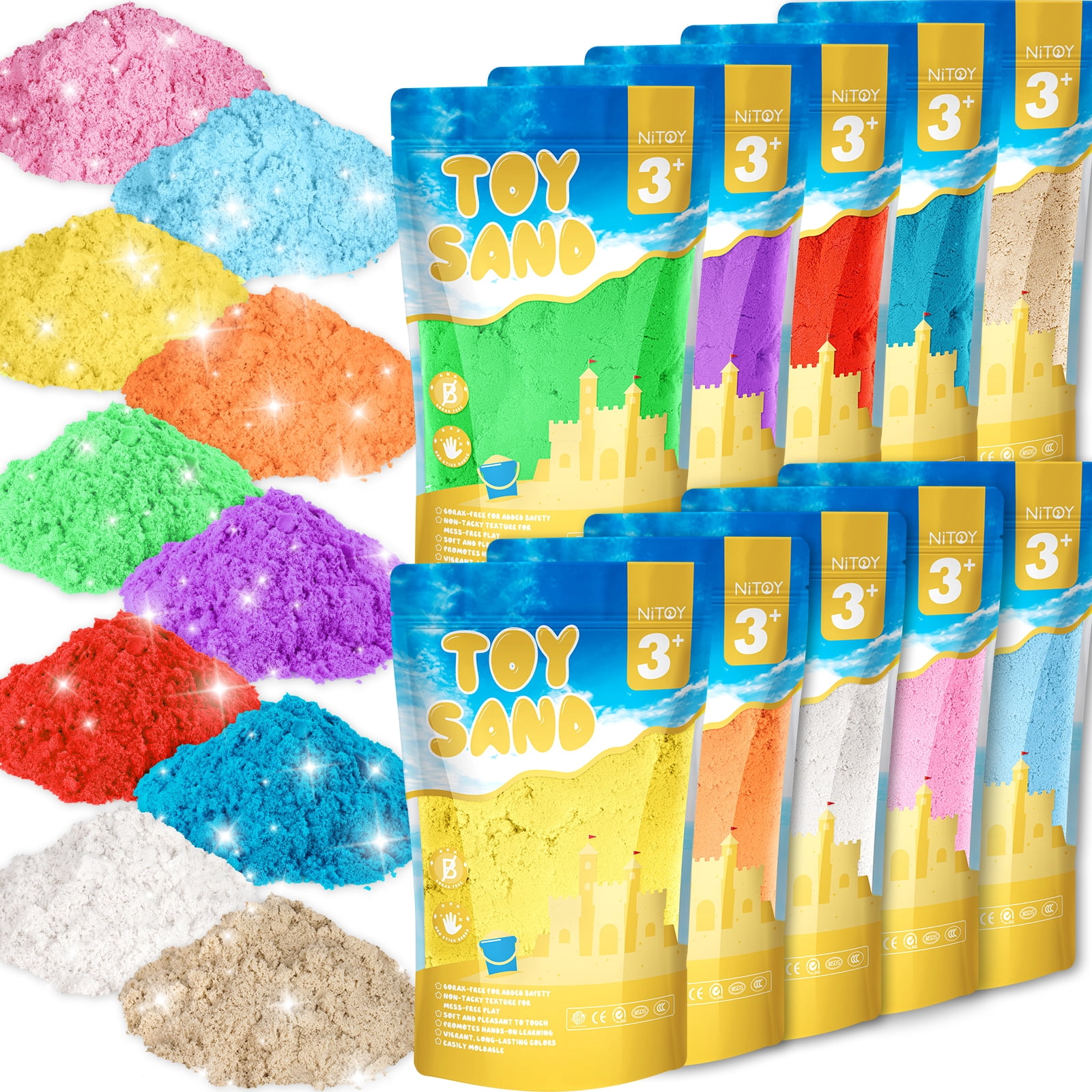 NiToy Value Pack 19lbs of 10 Colored Moldable Self-Sticking Sand, Never ...