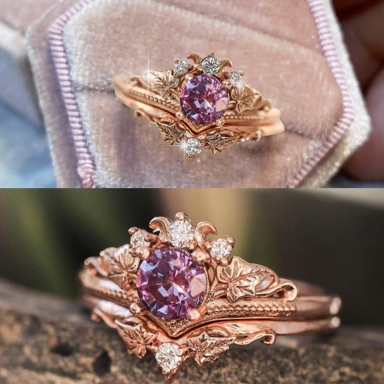 Niahfd Jewelry Rose Gold Pink Crystal Engagement Ring Delicate Design ...