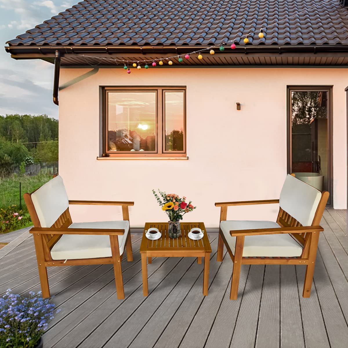 NiamVelo 3pc Wooden Deck Patio Set, Acacia Wood Outdoor Conversation ...