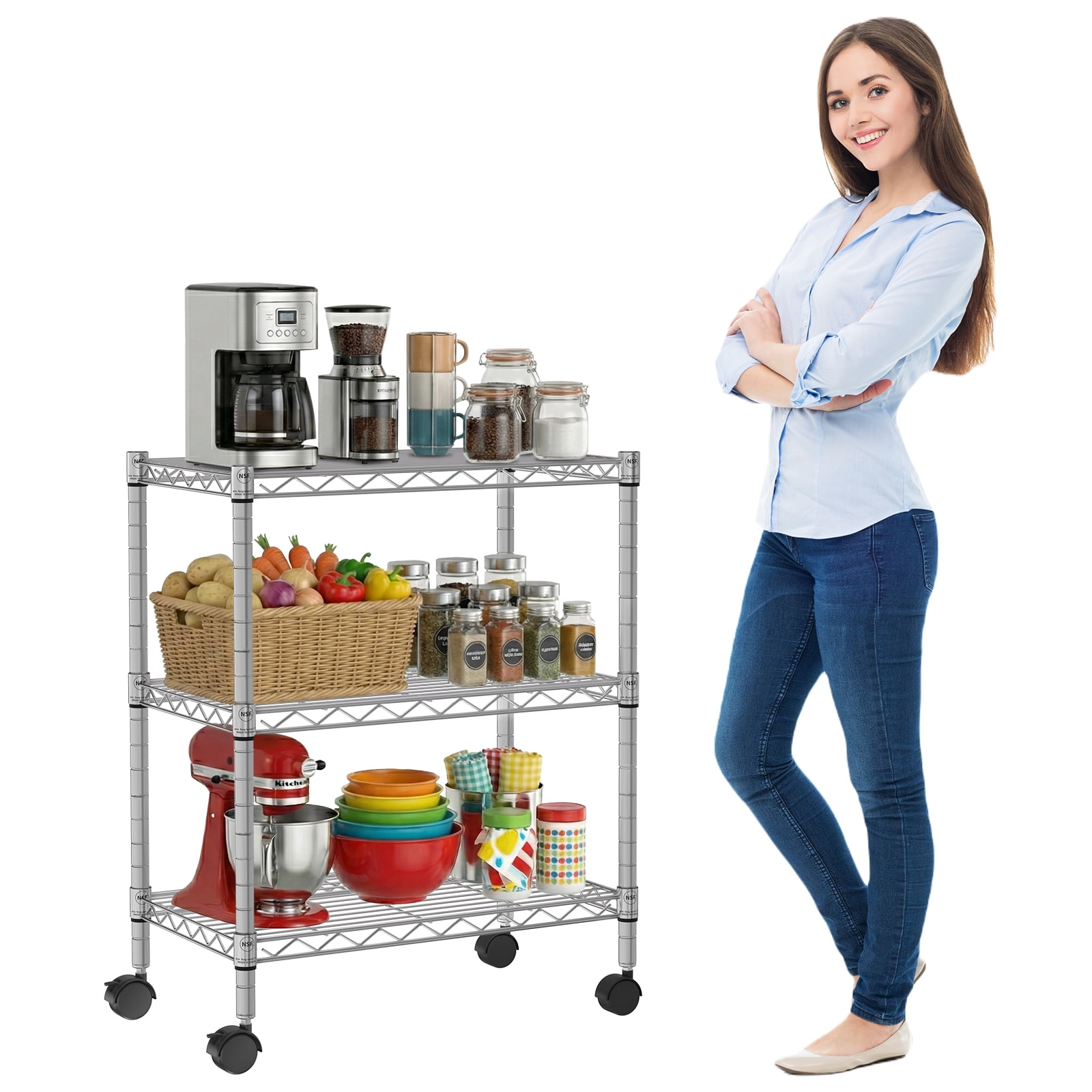 NiamVelo 3-Tier Steel Rack, NSF Metal Shelving Unit, Adjustable, Mobile ...