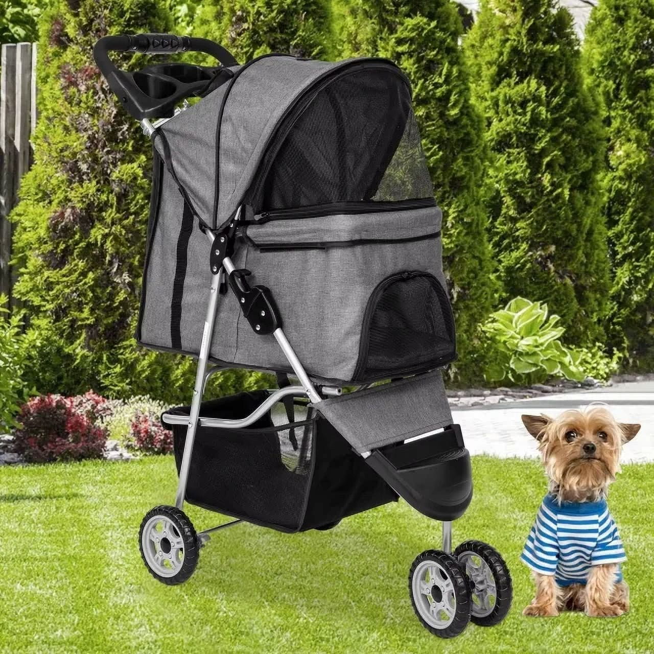 Lightweight Foldable 3-Wheel Pet Stroller with Cup Holder & Storage ...