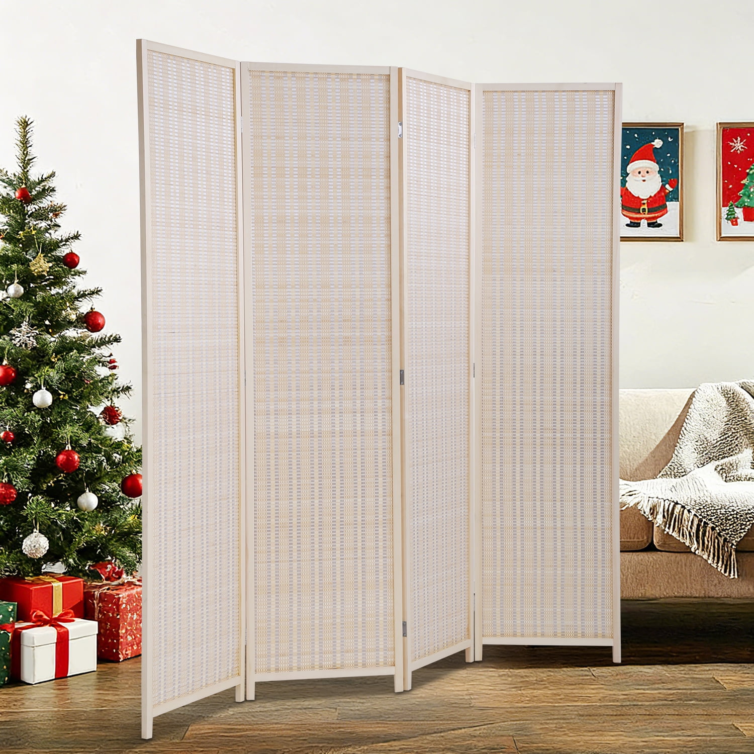 NiamVelo 4-Panel Freestanding Bamboo Room Divider, Stand Alone Privacy ...
