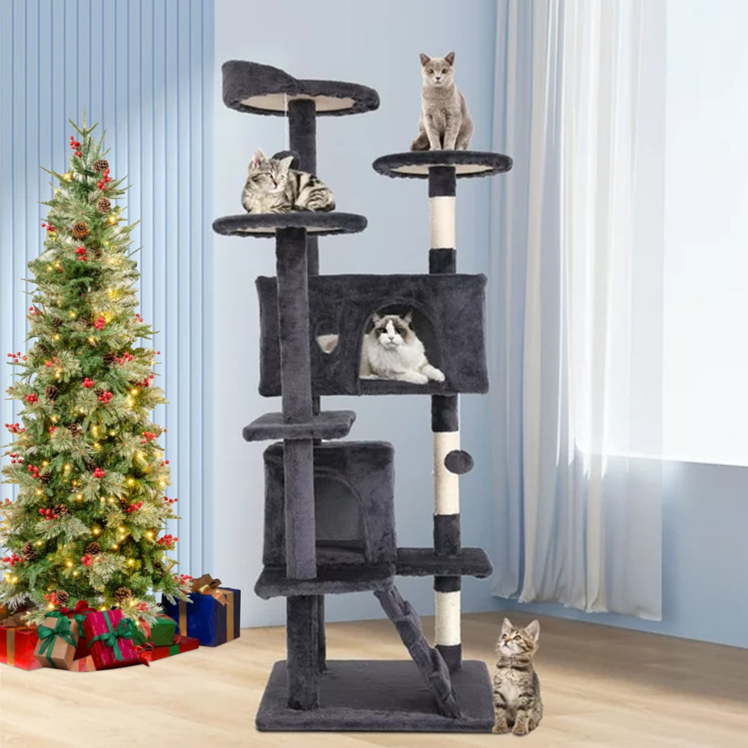 NiamVelo 54-in Sisal Climbing Cat Tree Tower, Double Condo Playhouse ...
